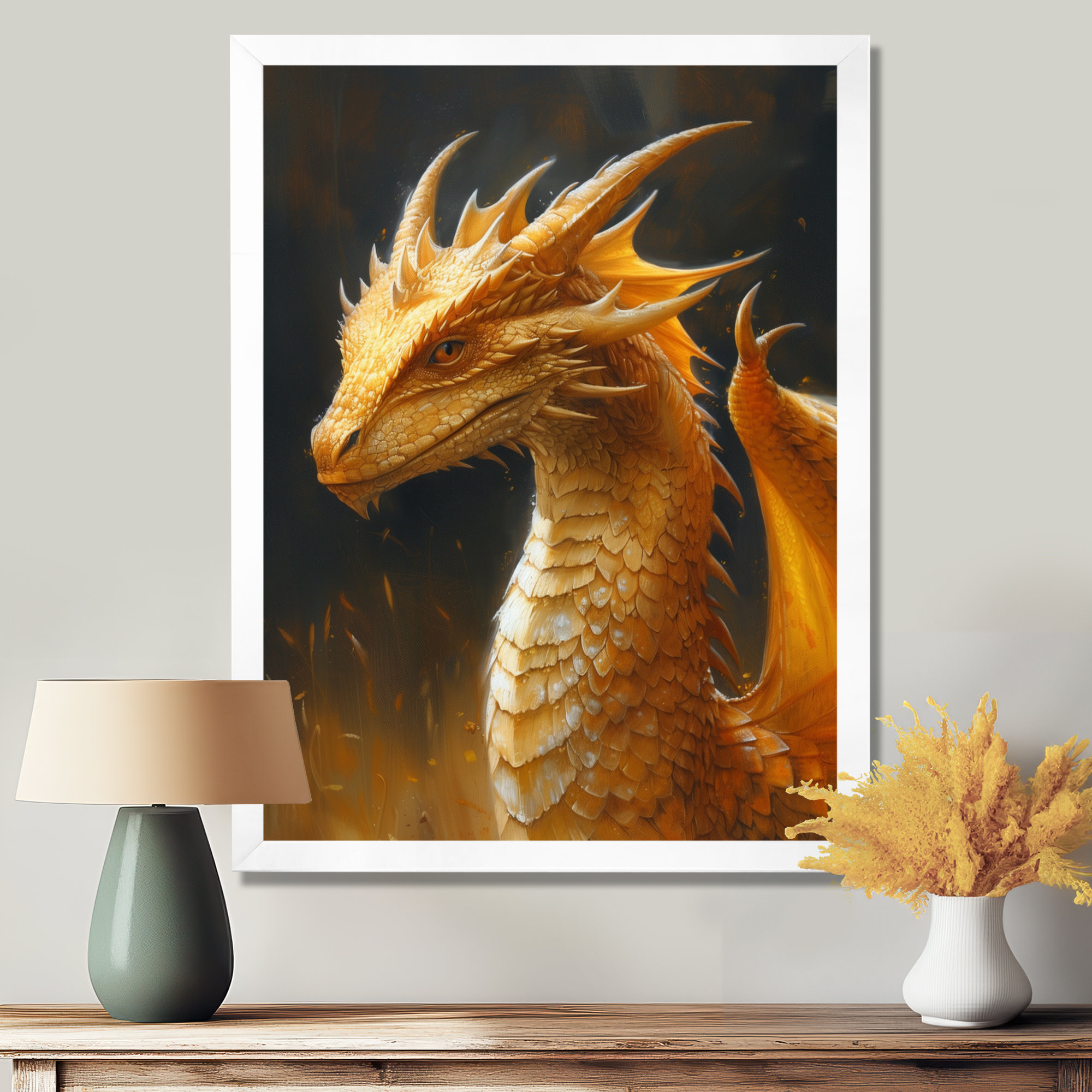Trinx Yellow Black Golden Wings Dragon - Dragons Wall Art Living Room ...