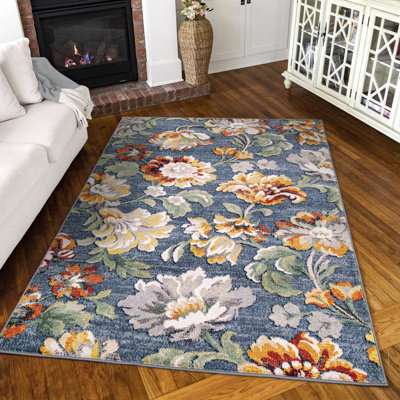 Wildon Home Azeem Floral Blue Willow Stain Resistant Area Rug | Wayfair