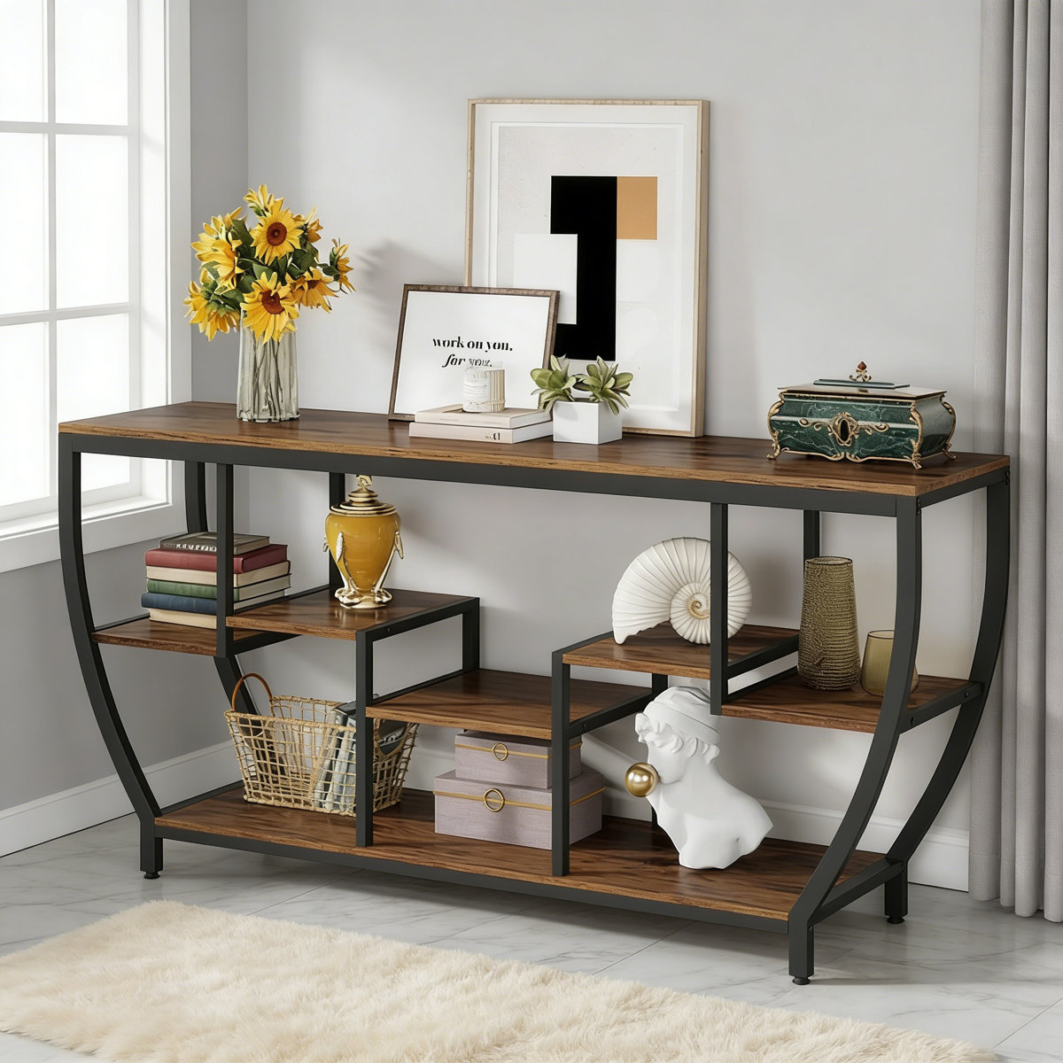 Latitude Run® 70.9" Industrial 7-Tier Console Table, Narrow Sofa Table ...