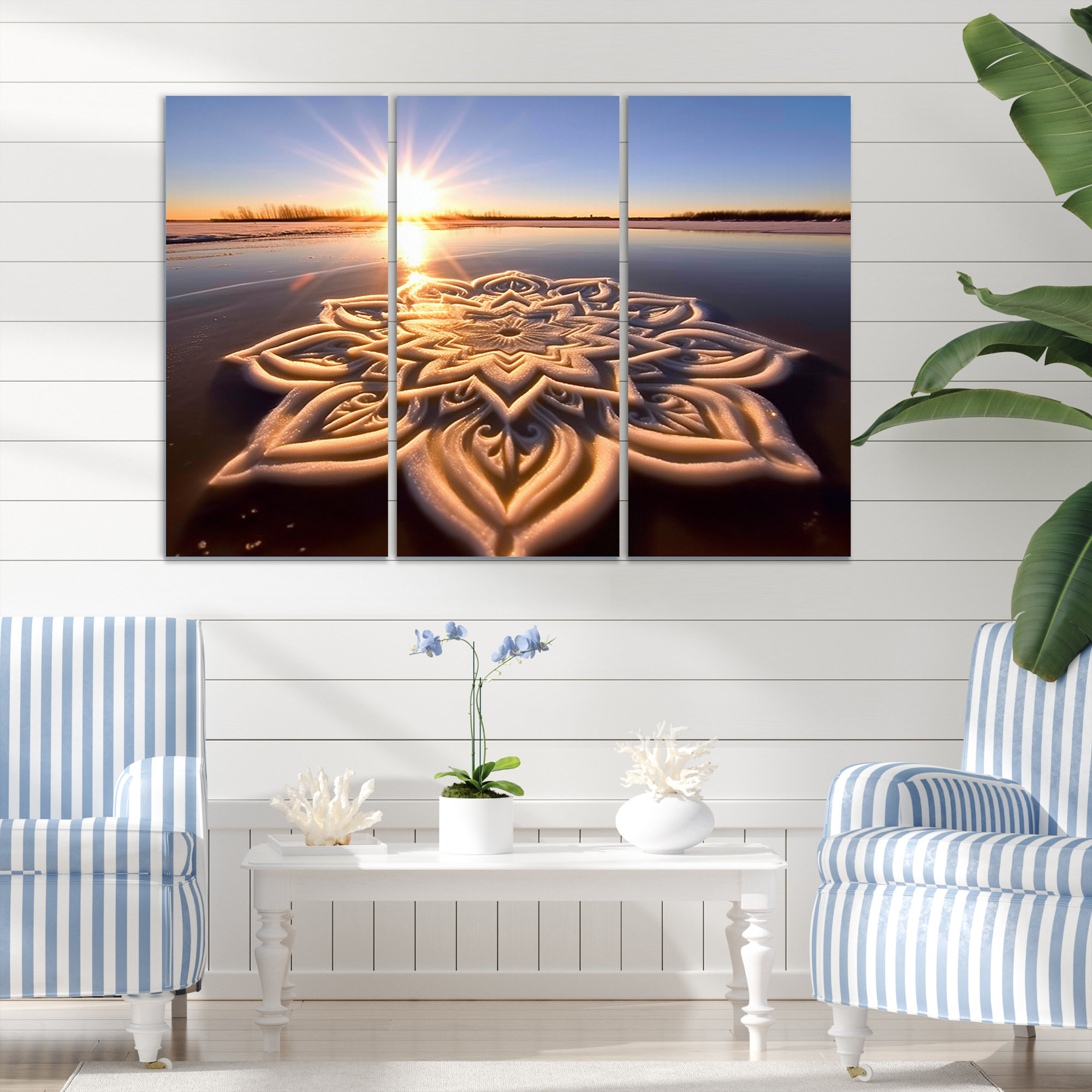 Latitude Run® Majestic White Mandala On The Sunset Beach - Beach Canvas ...