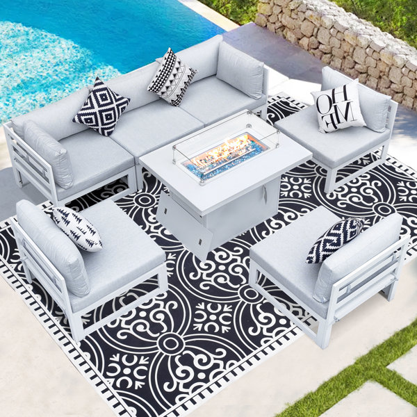 Hokku Designs Tuyen 7 PieceAluminum Complete Patio Set with Fire Pit ...