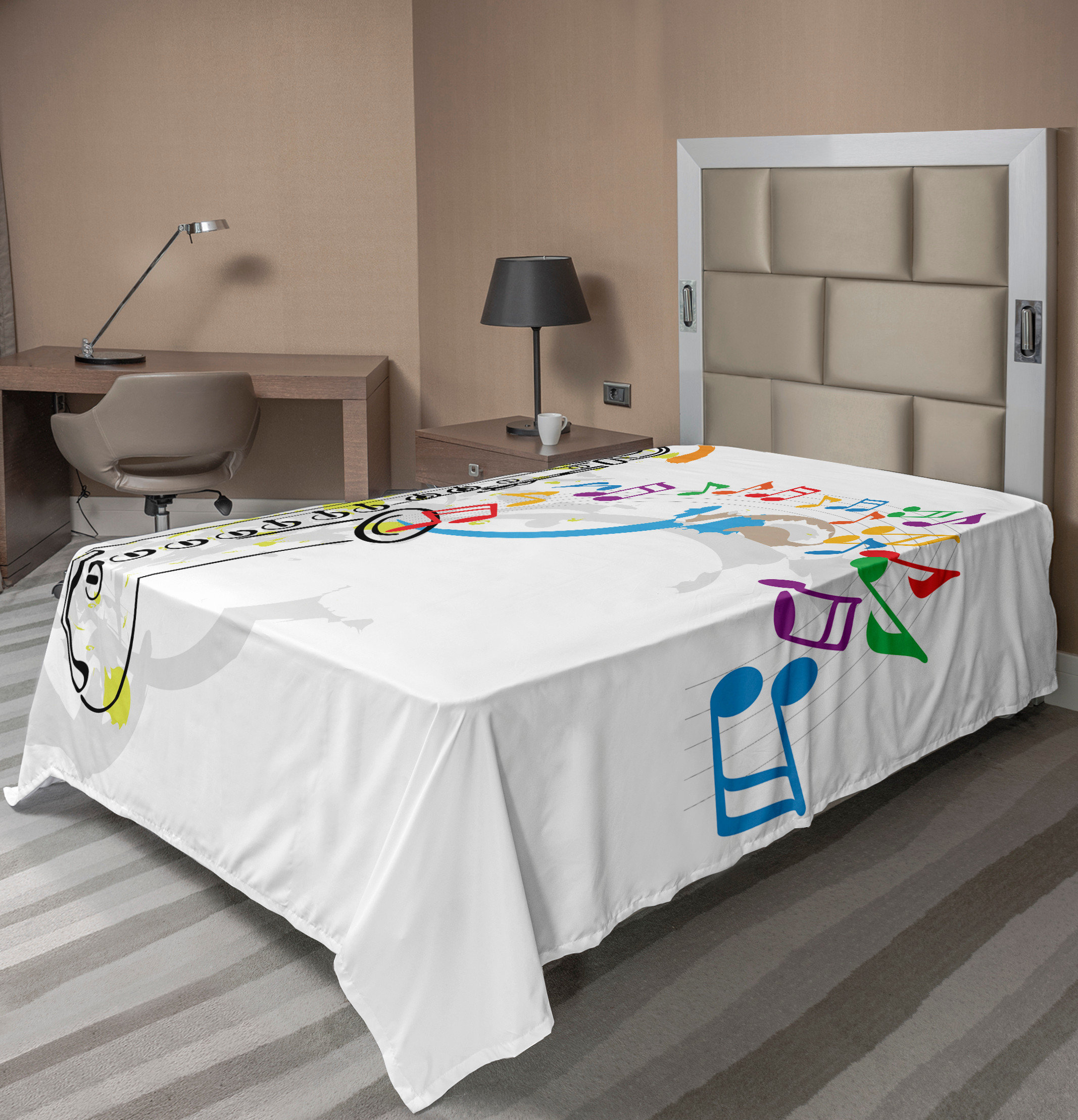 Ambesonne Jazz Top Flat Sheet Festival Music Notes Twin Orange Green ...