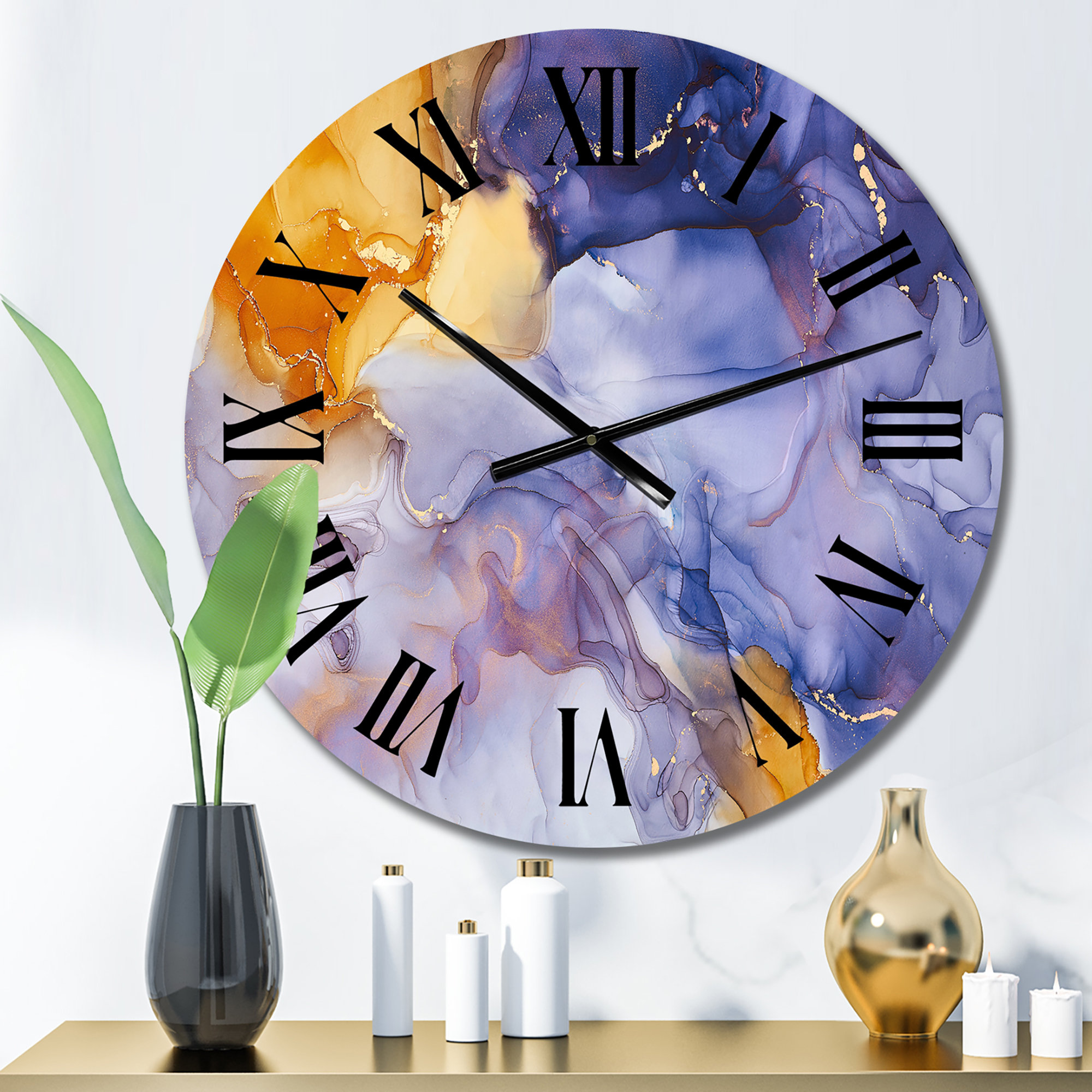 East Urban Home Blue Luxury Abstract Fluid Art II - Modern Wall Clock ...
