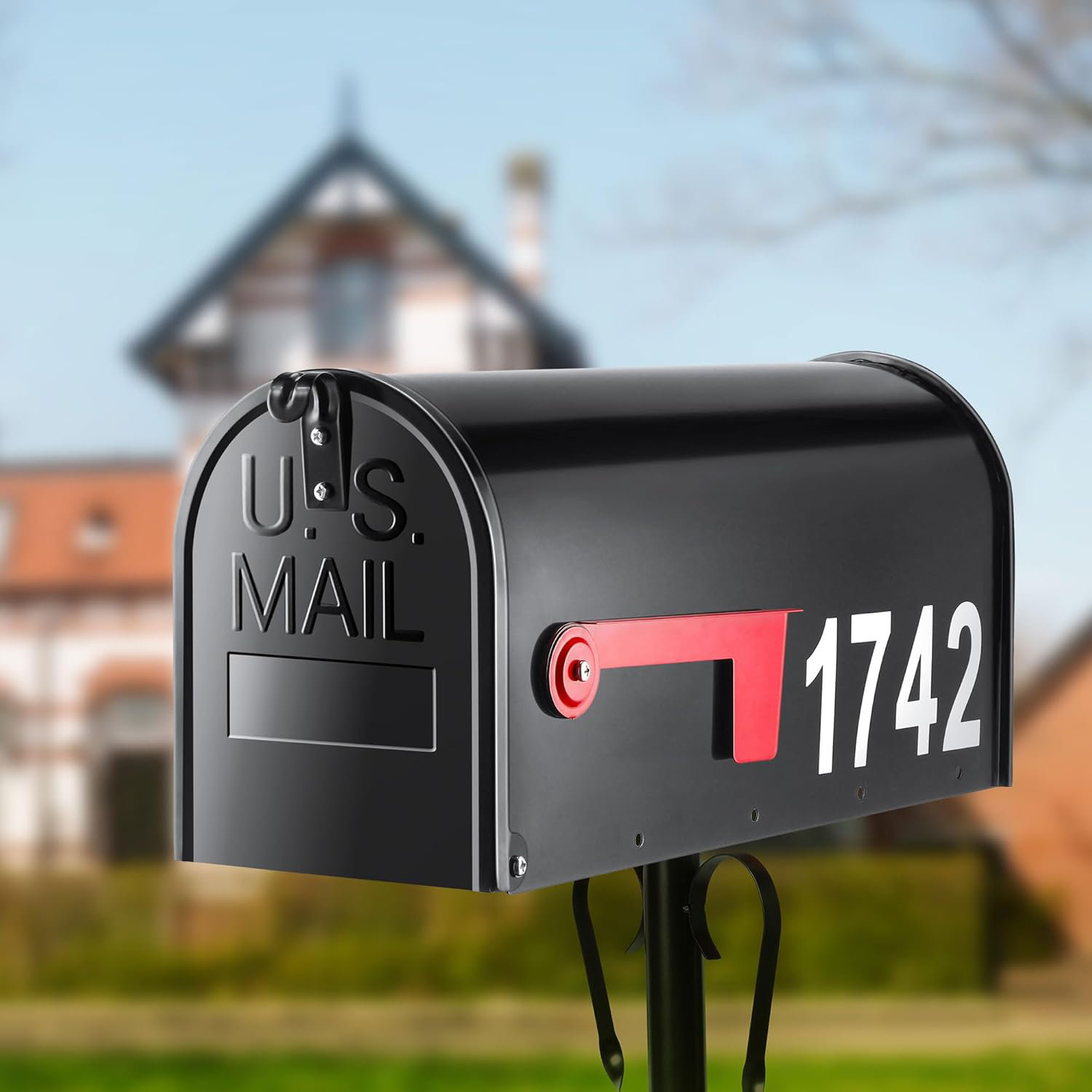 LinsCraft Galvanized Steel Black Post Mount Mailbox - 5 Sets Reflective Mailbox Number Stickers ...