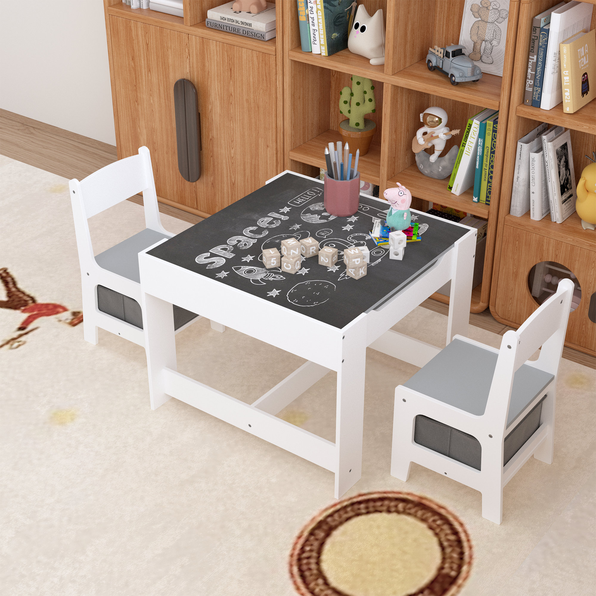Ebern Designs 3 in 1 Kids Wooden Activity Table with Storage ...