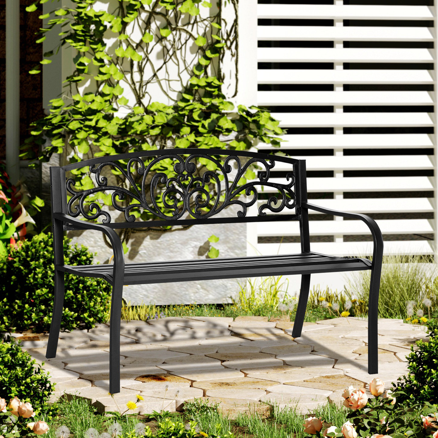 Williston Forge Outdoor Bench, Metal Garden Bench With Floral Pattern ...