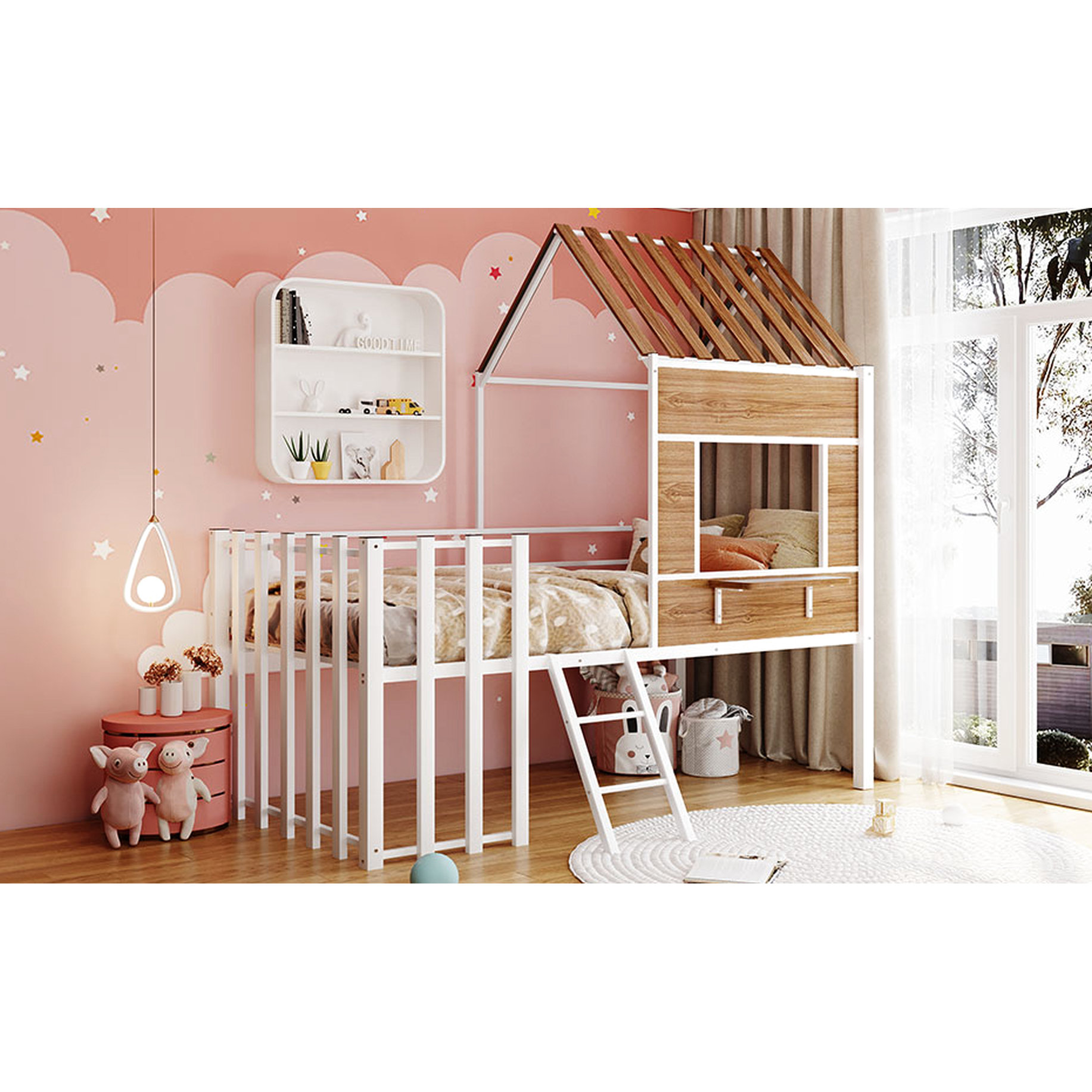 Alwyn Home Twin Size Metal Loft Bed In . Frame, 300 Lbs Capacity. House ...