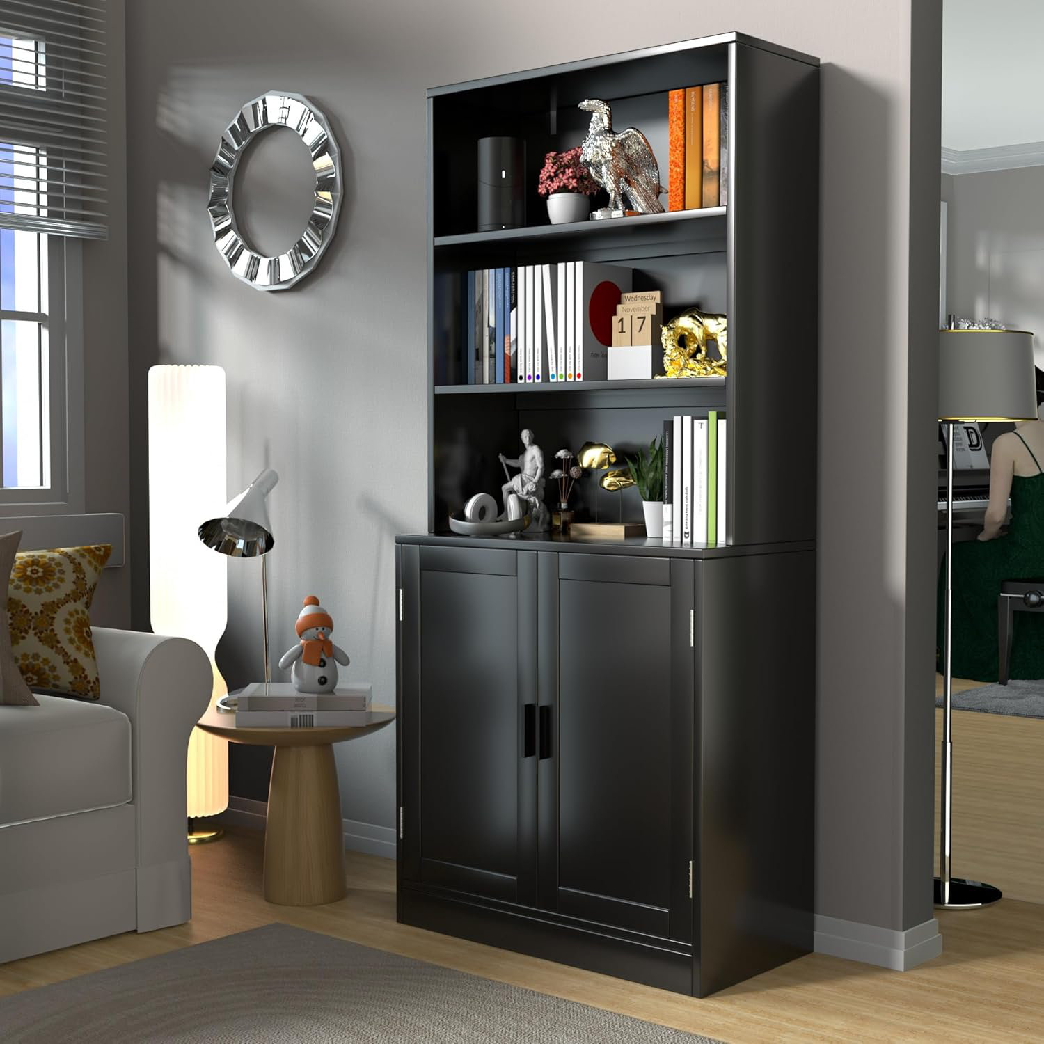 Latitude Run® 75" Tall Bookcase With Doors, 5 Tier Large Bookshelf With ...