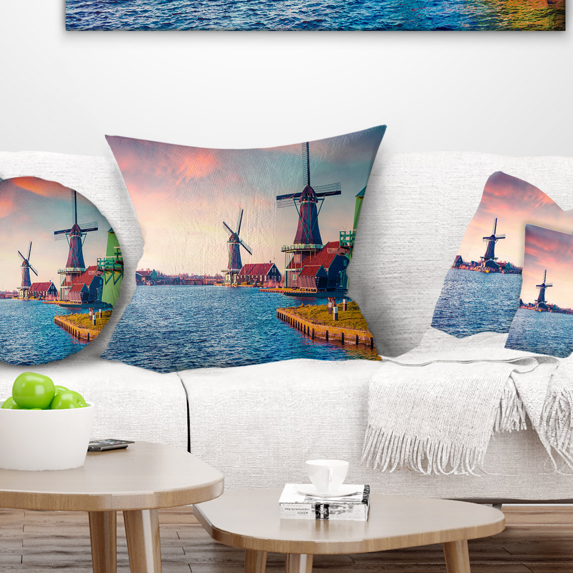 Design Art Zaandam Mills on Water Channel - Landscape Printed Pillow ...