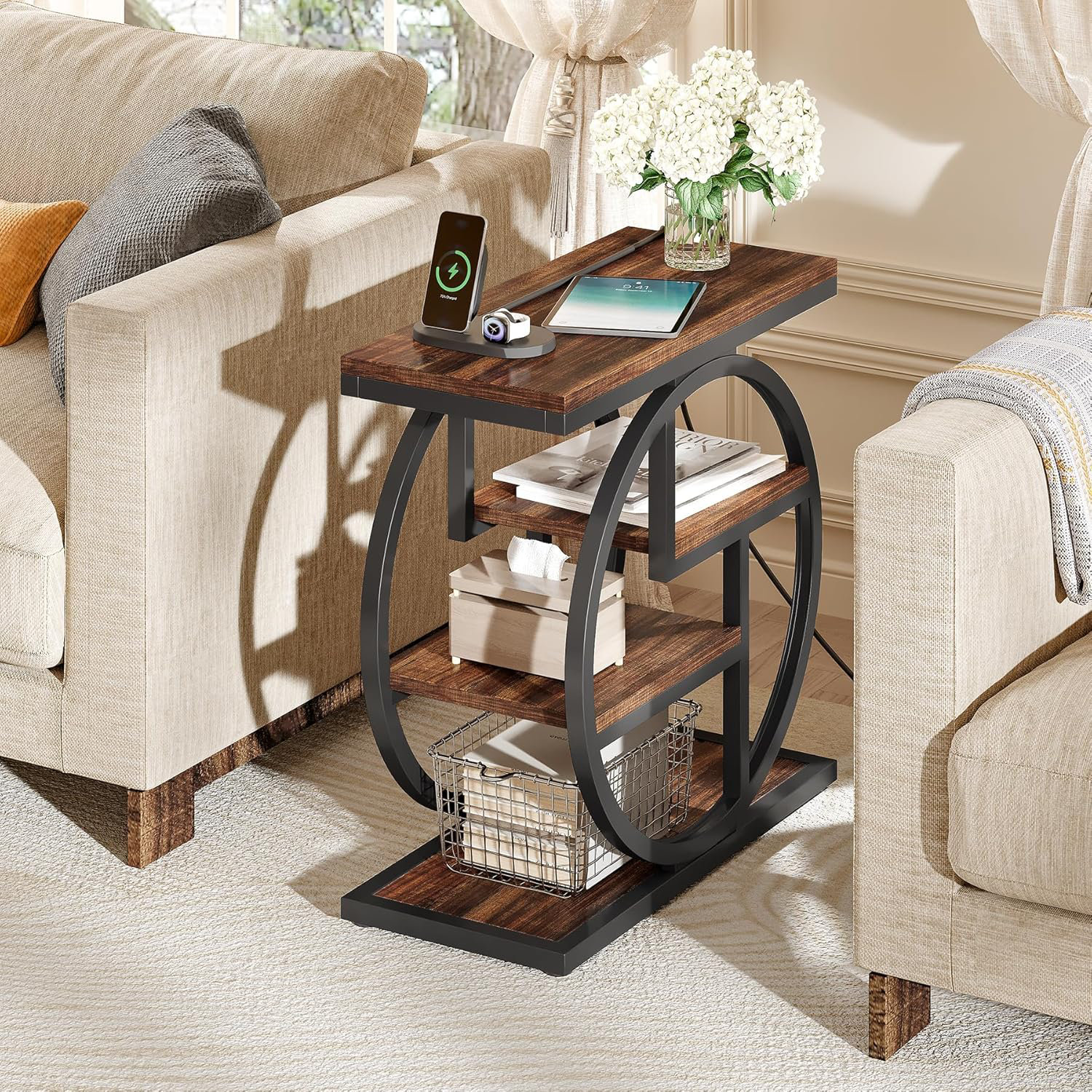 17 Stories End Table With 4 Shelves, Wood Narrow Beside Table With ...