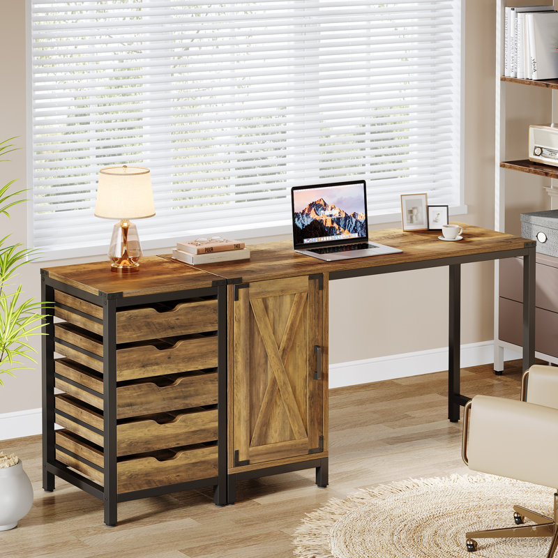 Gracie Oaks Reversible Computer Desk With Cabinet And a 5-Drawer ...