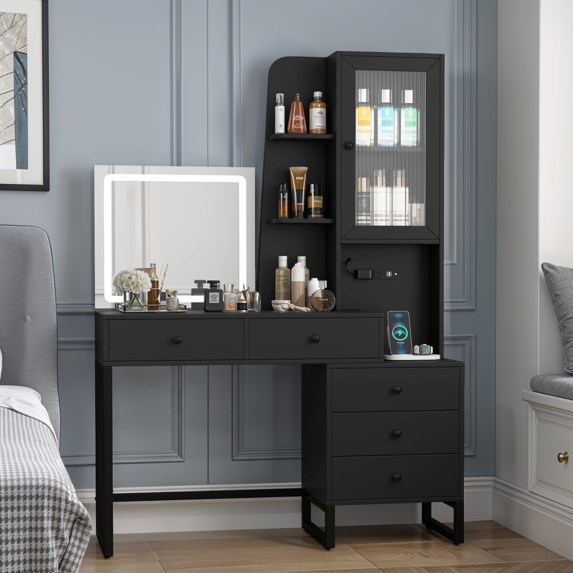 Latitude Run® Modern Black Vanity Table with LED Mirror, Built-In Power ...