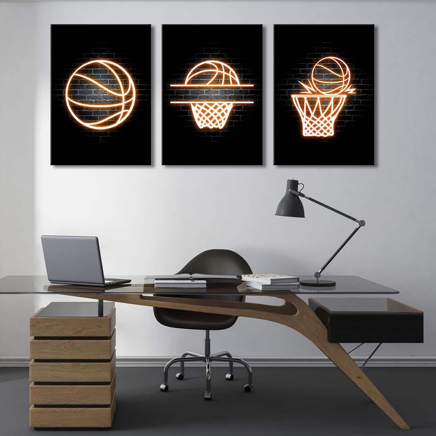 Trinx 3Pcs Creative Basketball Canvas Wall Art Neon Painting Wall Decor ...