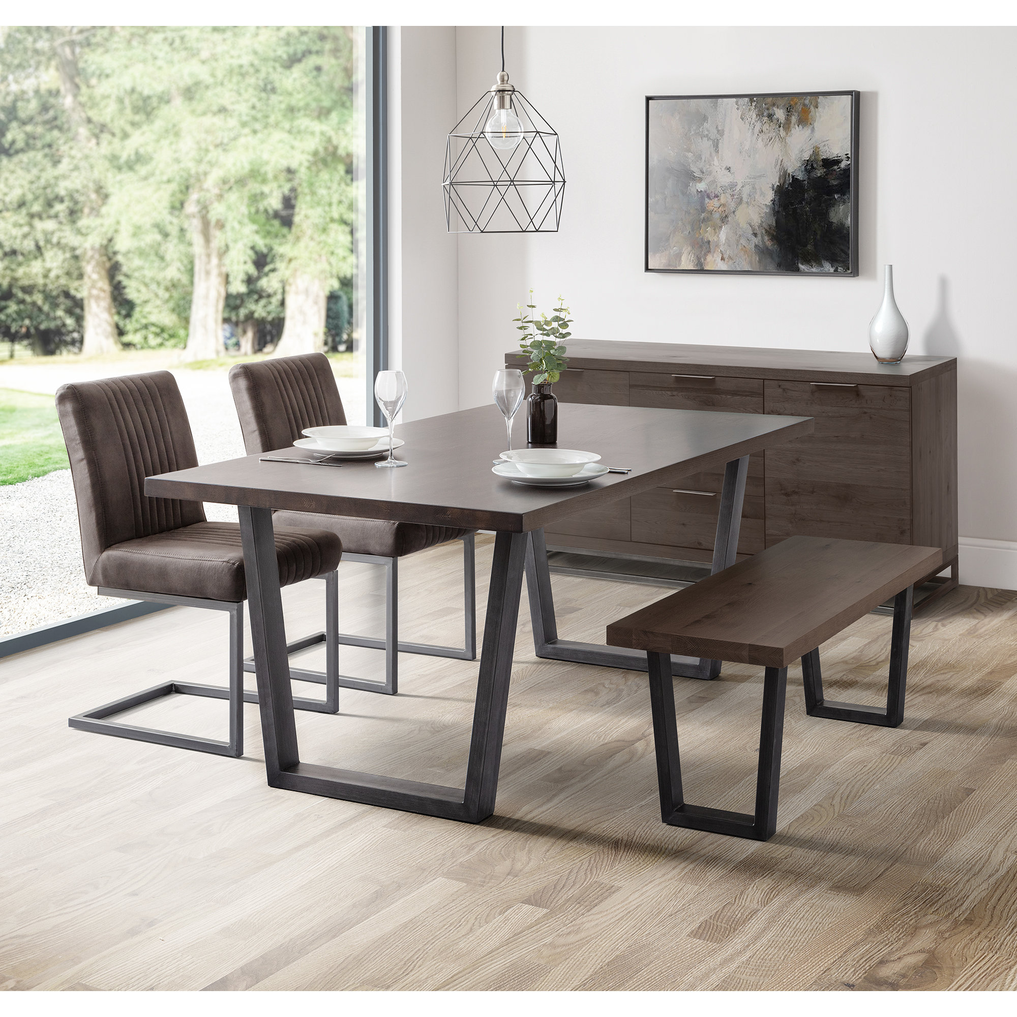 Ivy Bronx Set Of Armor Dark Oak Table, Bench & 2 Charcoal Chairs ...