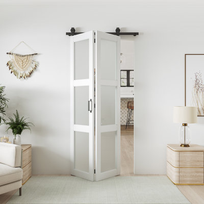 SMARTSTANDARD 1-Lite Frosted Glass Paneled Single Bifold Barn Door with ...