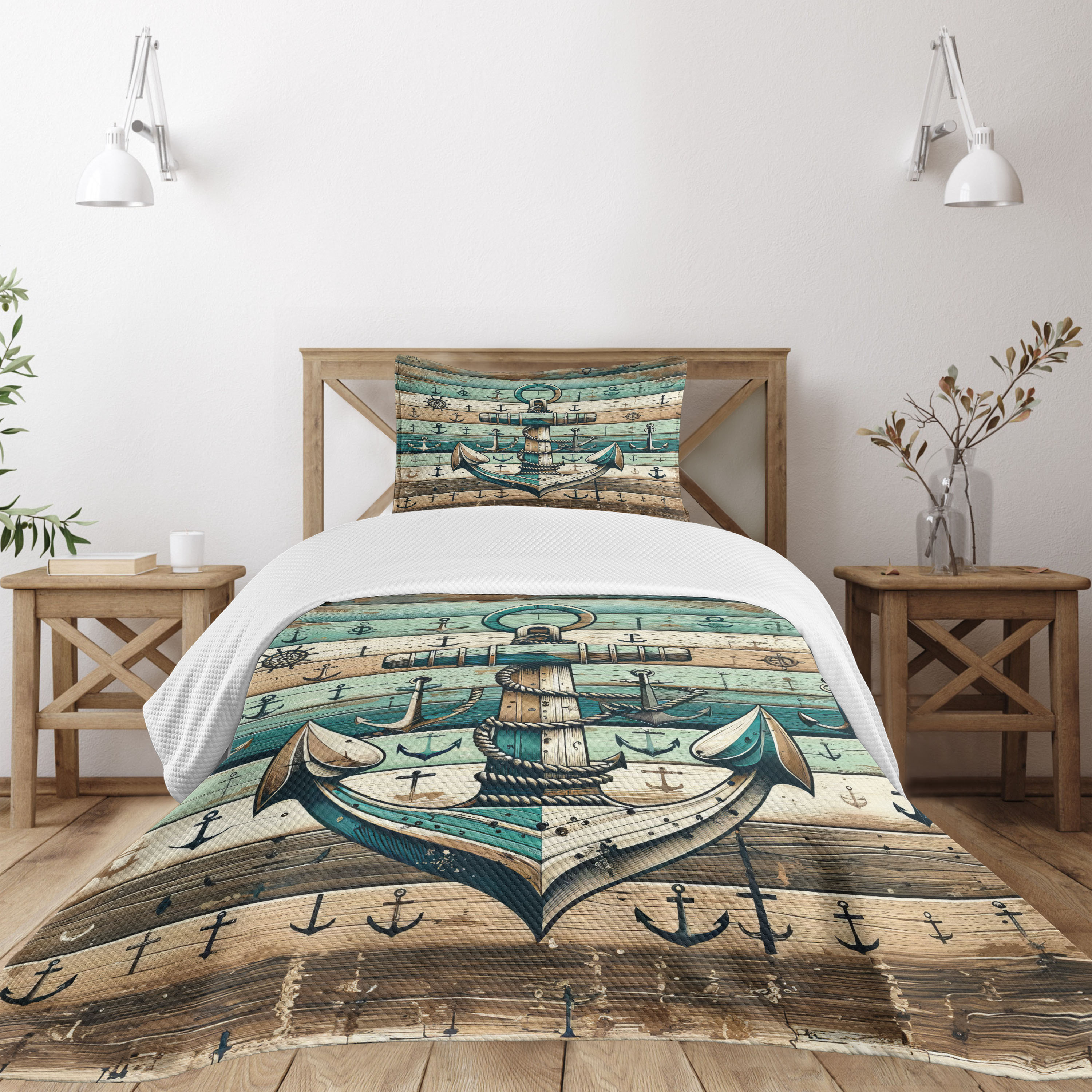 Ambesonne Nautical Bedspread Rustic Anchor Wooden Look 429438 | Wayfair