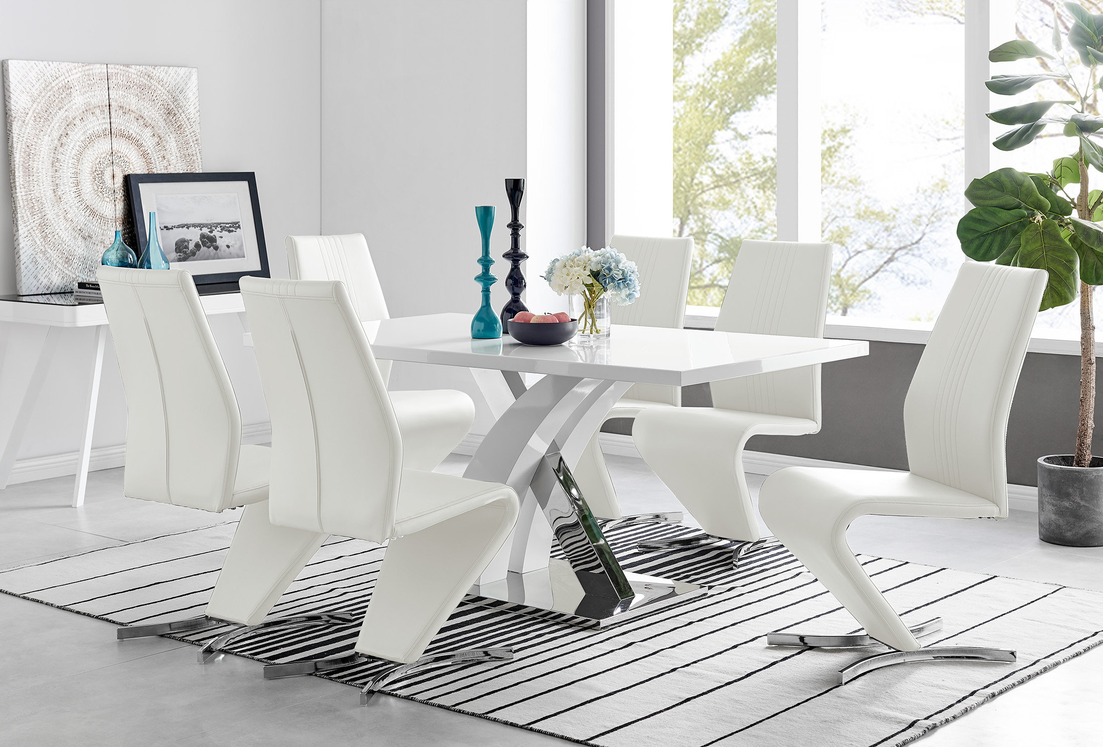 Canora Grey Marietta Chrome Metal and White High Gloss Dining Table Set ...
