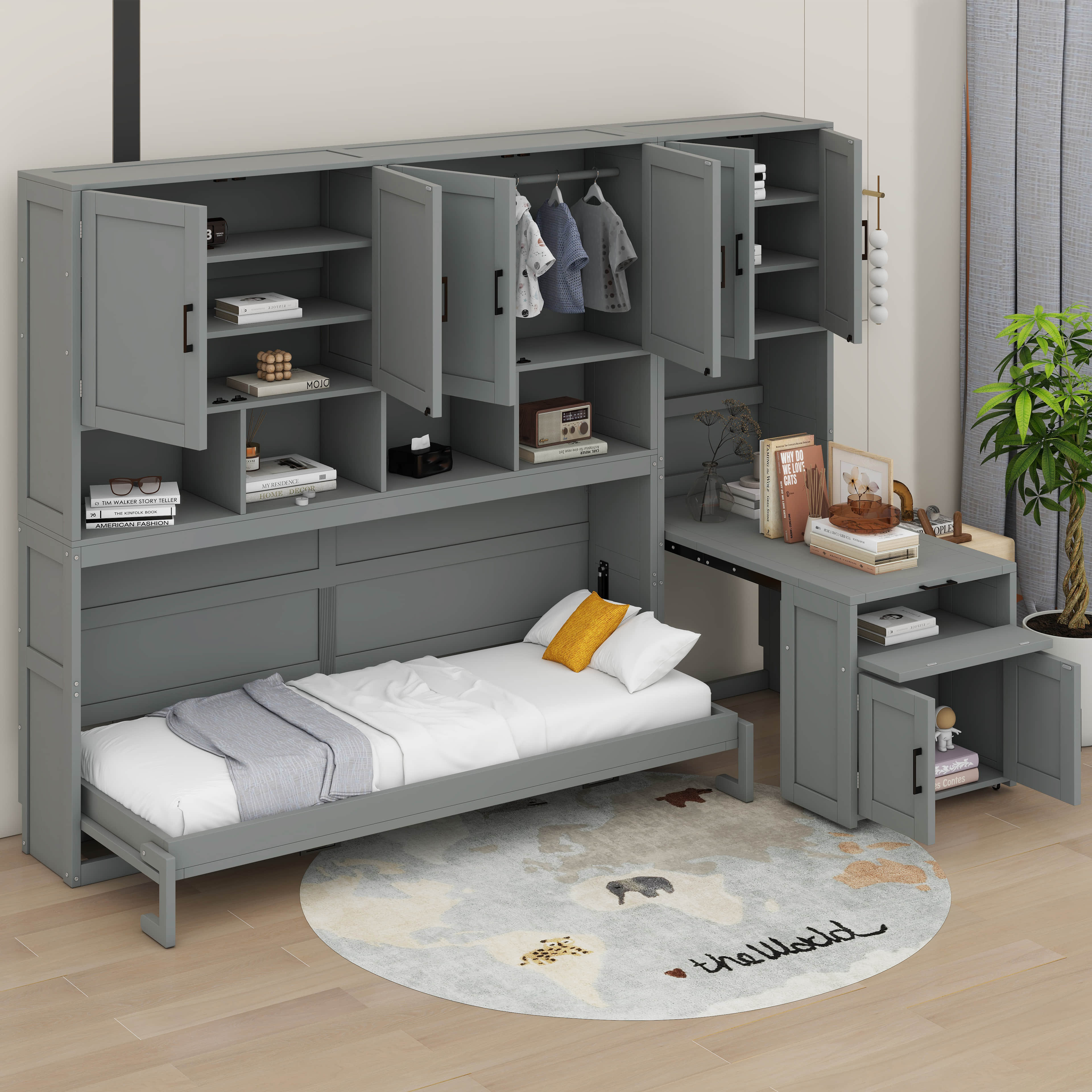 Hokku Designs Elin Twin Size Murphy Bed With Desk And Open Shelves ...