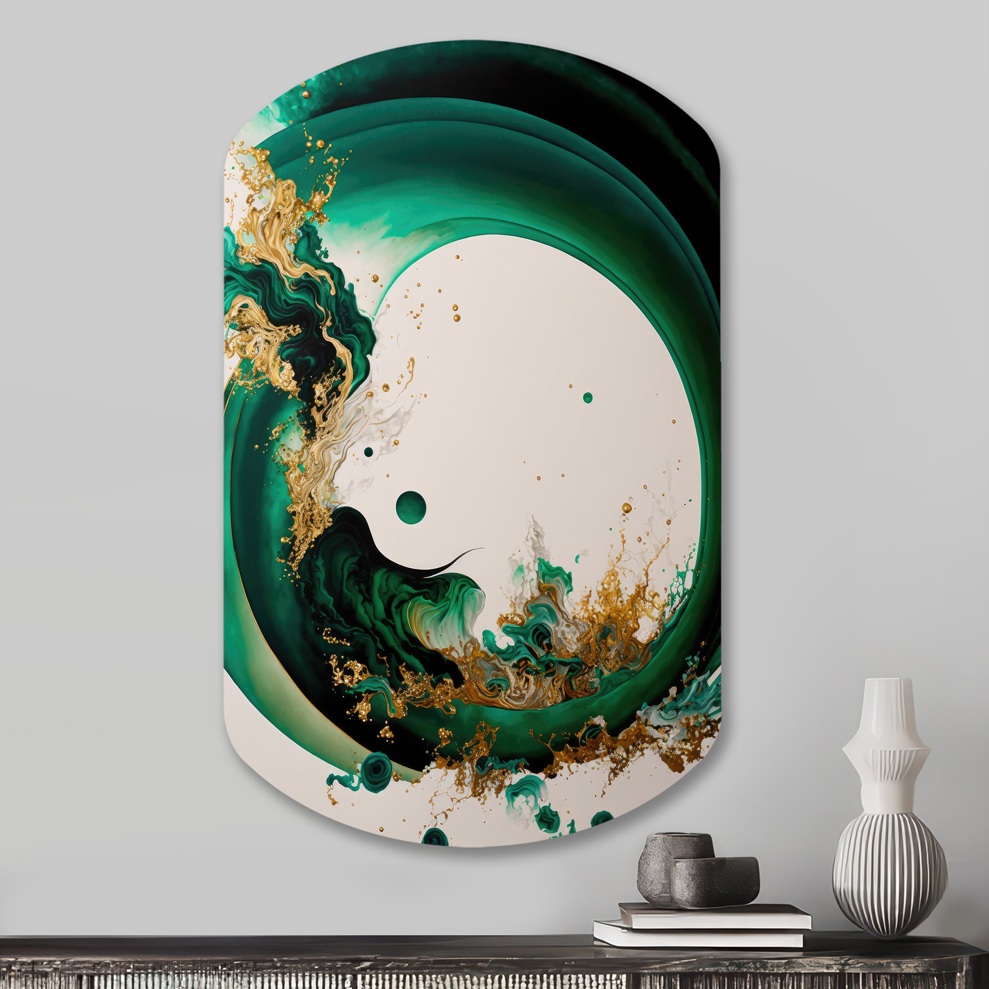 Design Art Emerald Green And Gold Abstract Waves II - Cylinder Abstract ...
