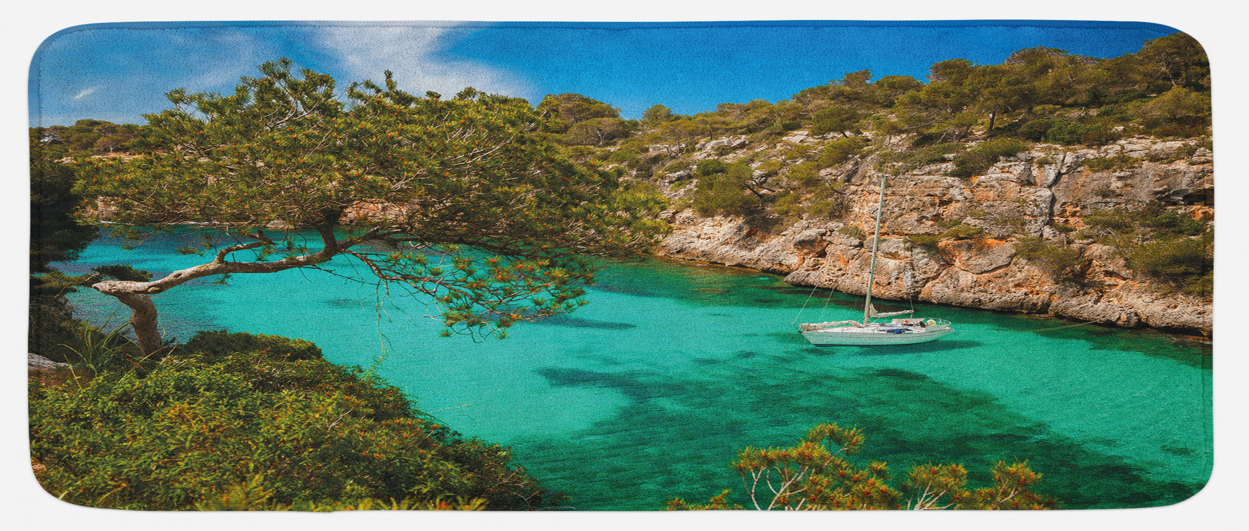 East Urban Home Small Yacht Floating In Sea Majorca Spain Rocky Hills ...
