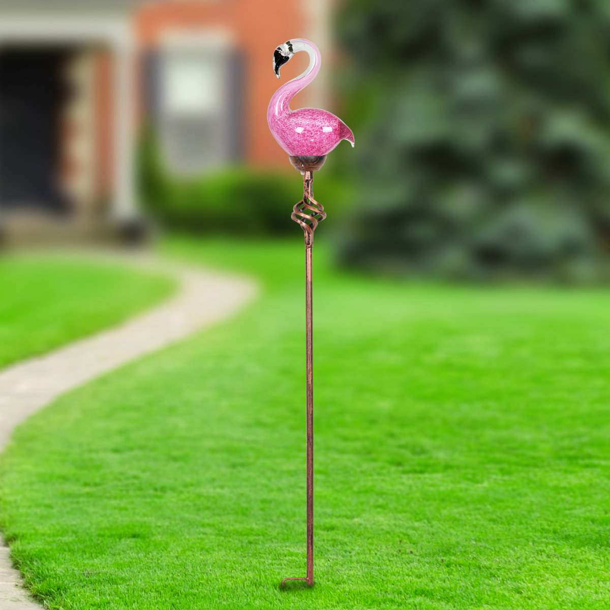 Exhart Solar Sparkling Feathered Friends Flamingo Garden Stake with ...