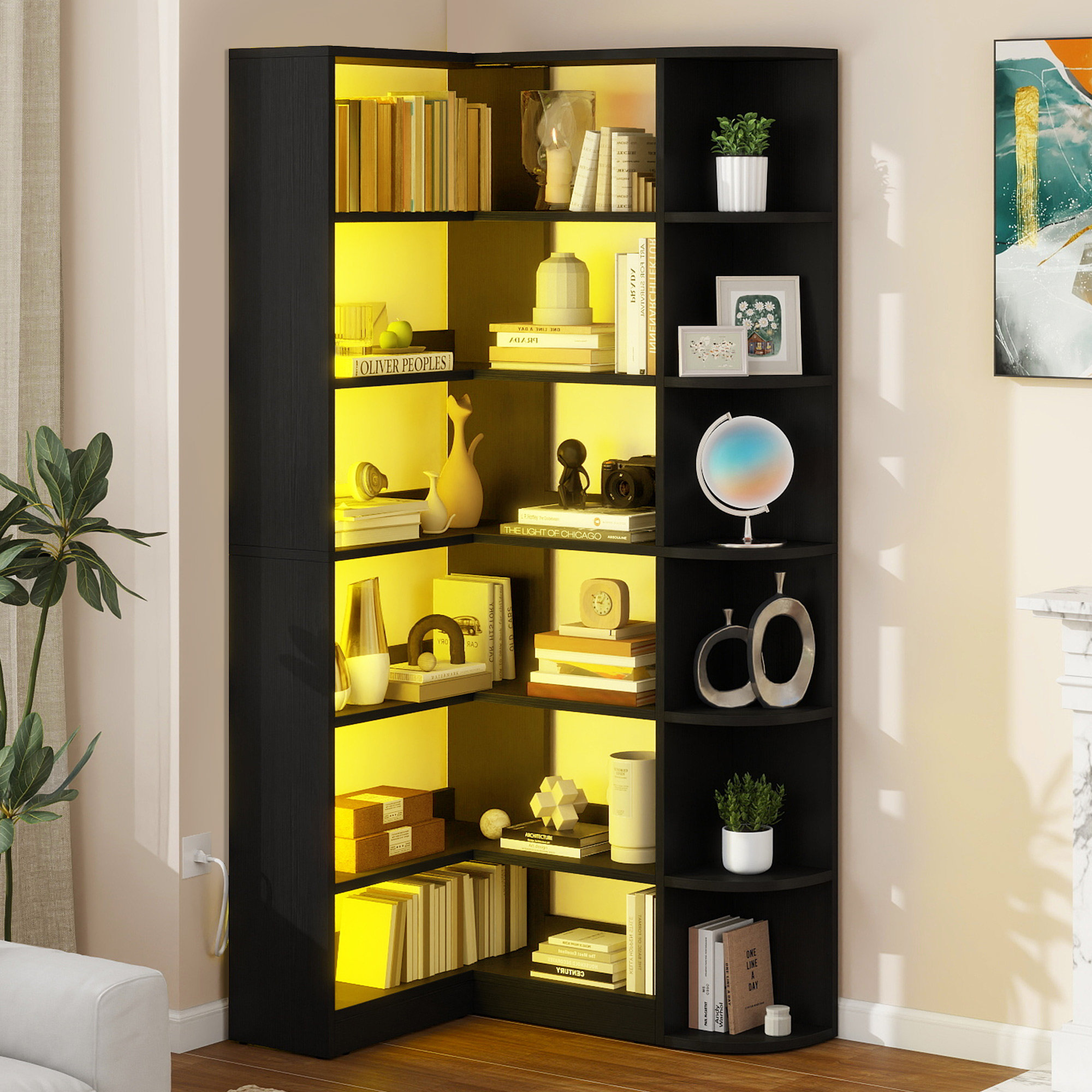 Ivy Bronx Naaliyah 6 Tier Corner Bookshelf, Bookcase With LED Light, L ...