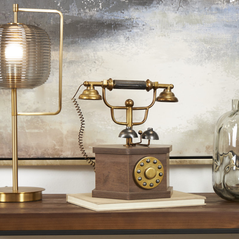 Alcott Hill® Aranea Wooden Antique Style Copper Telephone with Brown ...