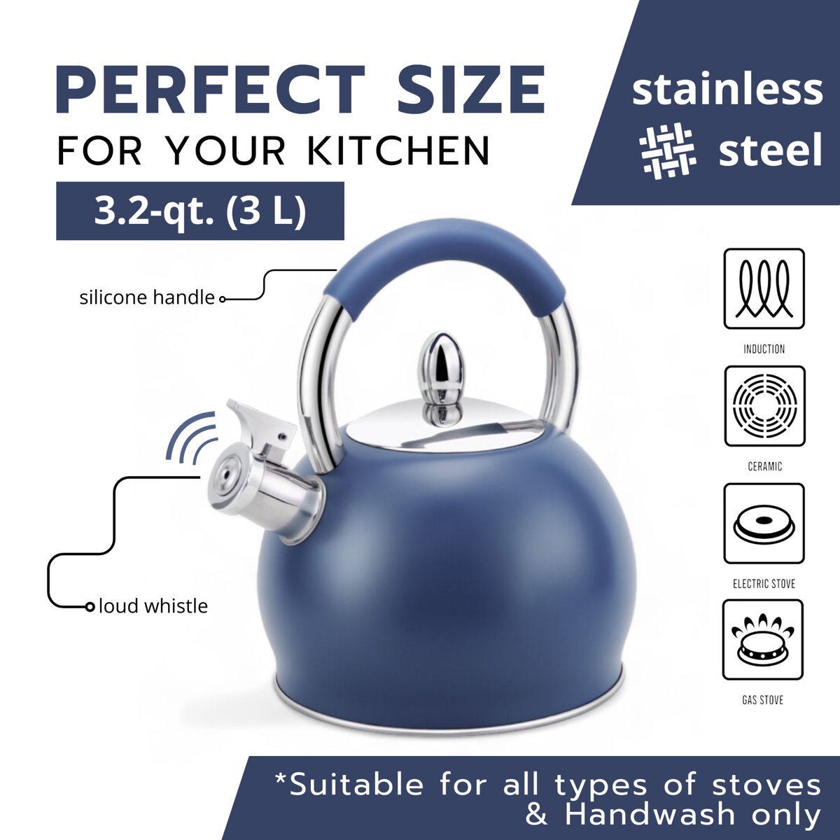 HAUS ROLAND 3.2 Quarts Stainless Steel (18/10) Whistling Stovetop Tea ...