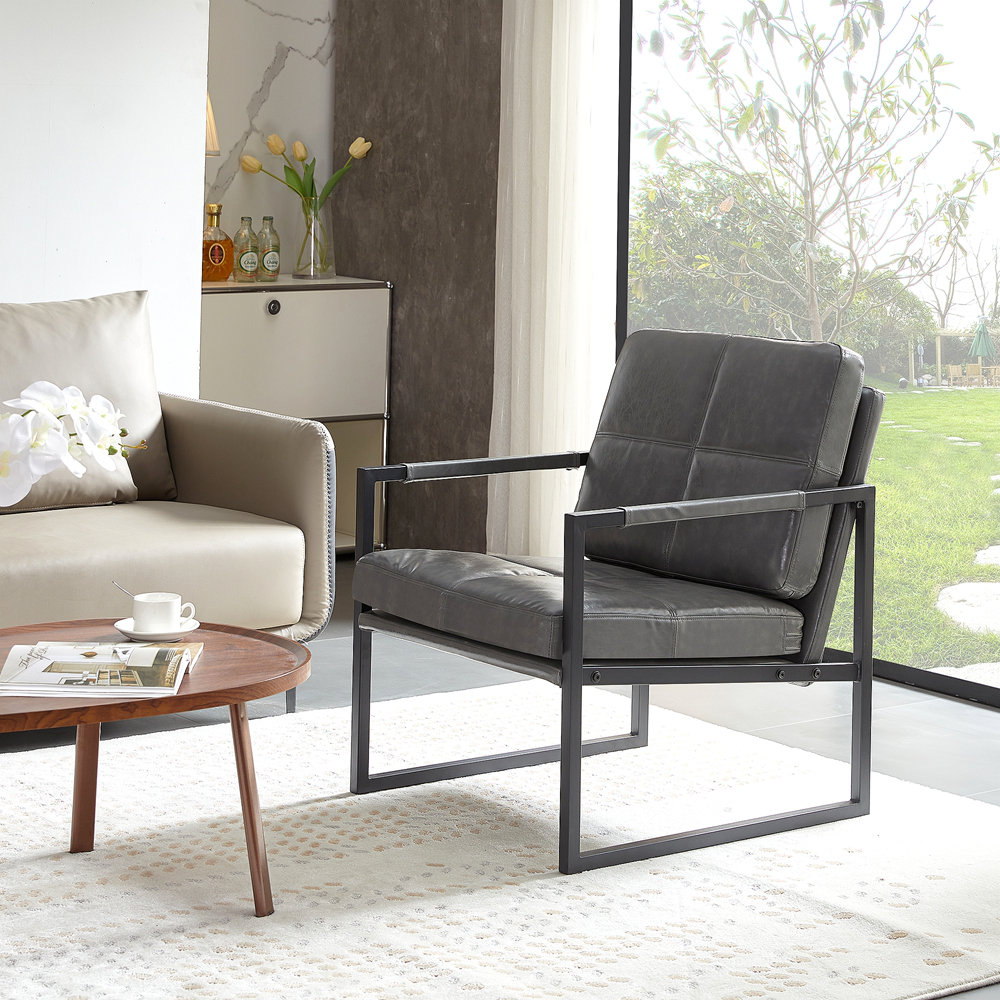 George Oliver Light Grey PU Leather Leisure Black Metal Frame Recliner ...