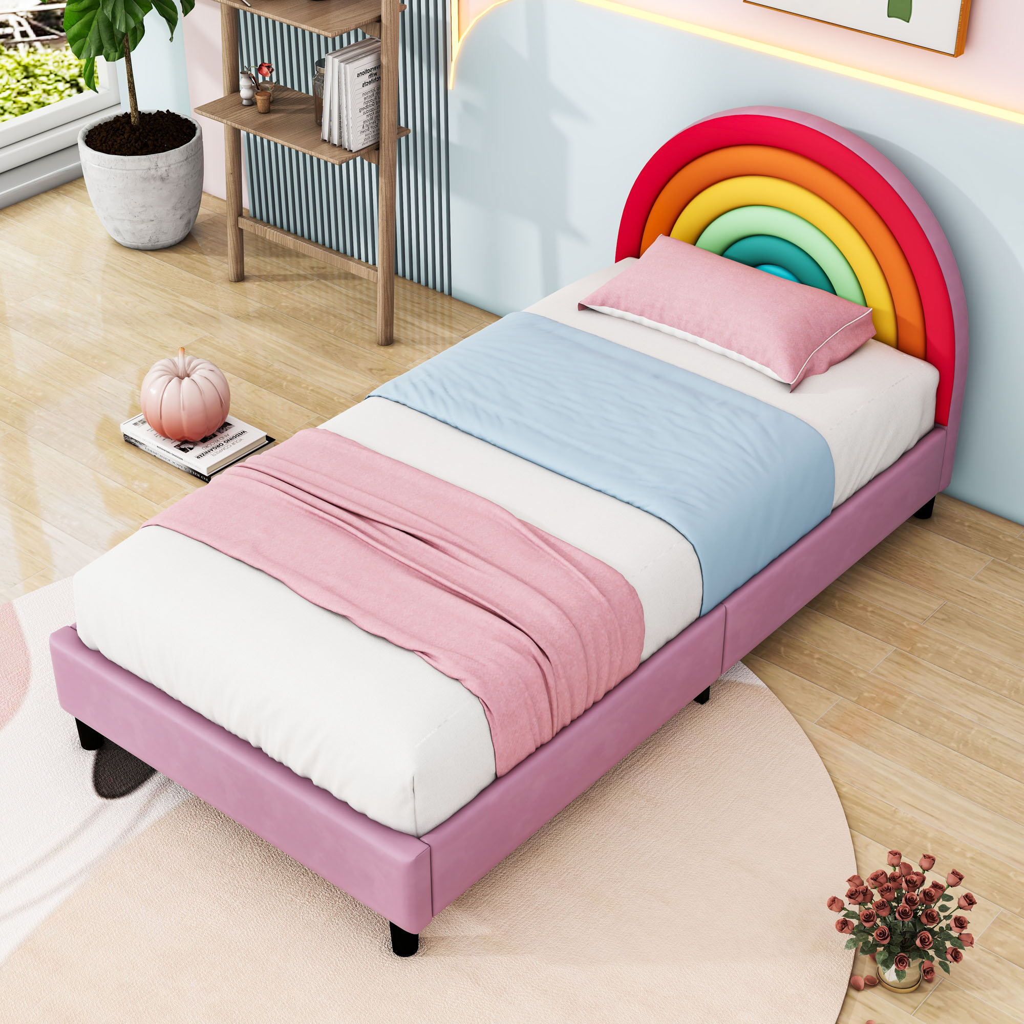 Zoomie Kids Twin Upholstered Platform Bed with Rainbow Headboard ...