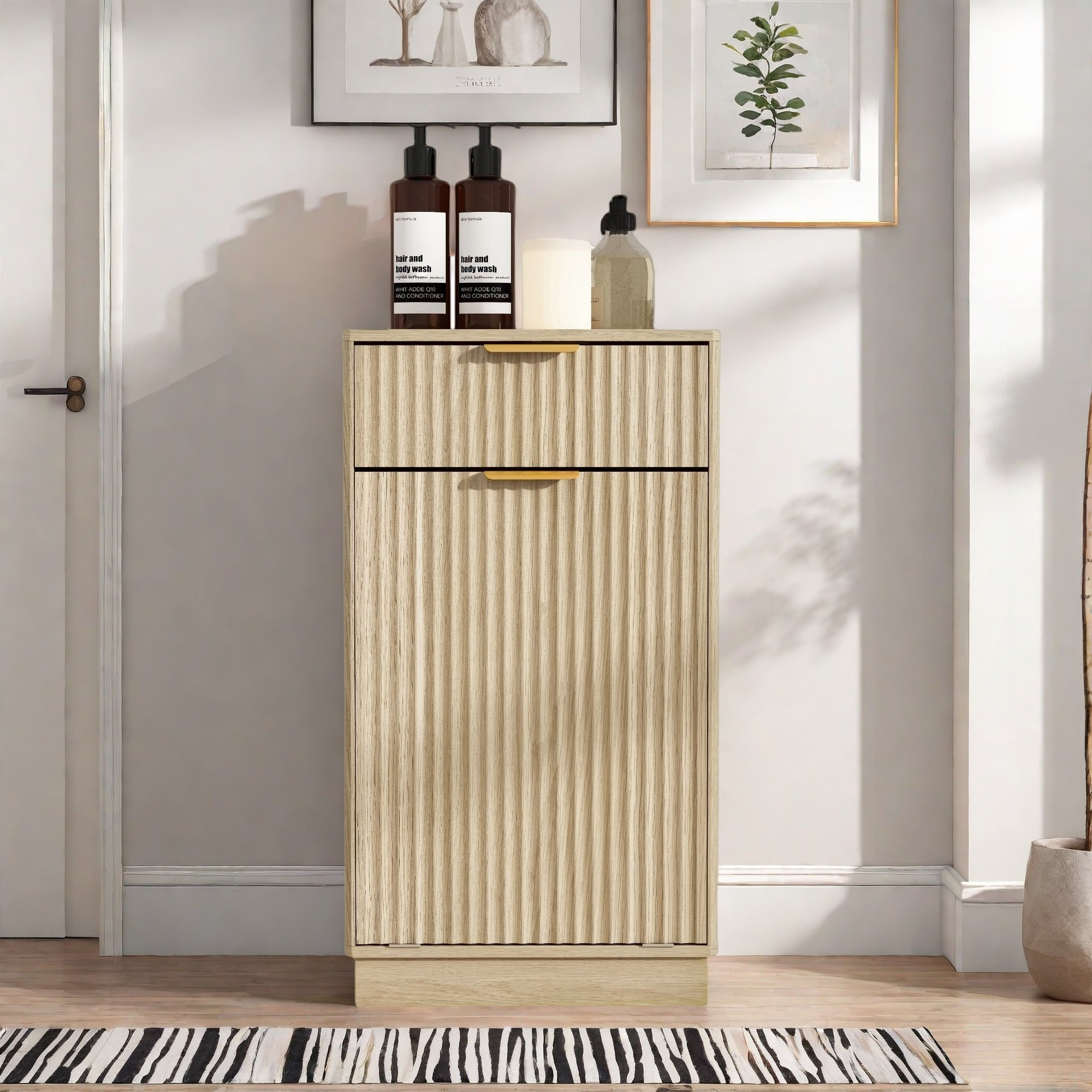QISHANG Tilt-out Trash Can Cabinet With Drawer And Metal Handles | Wayfair