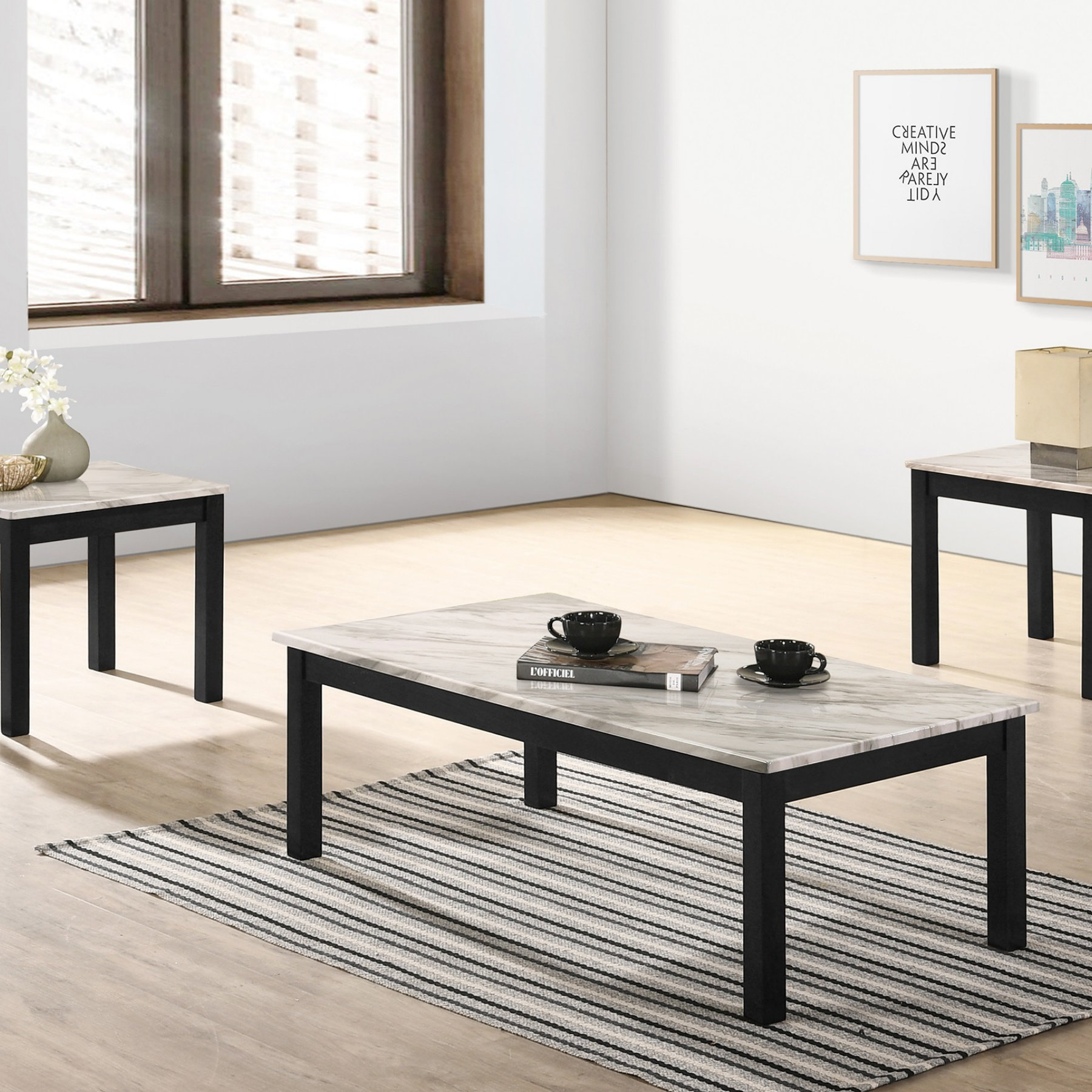 Latitude Run® Beautiful White Faux Marble Top 3Pc Coffee Table Set With ...