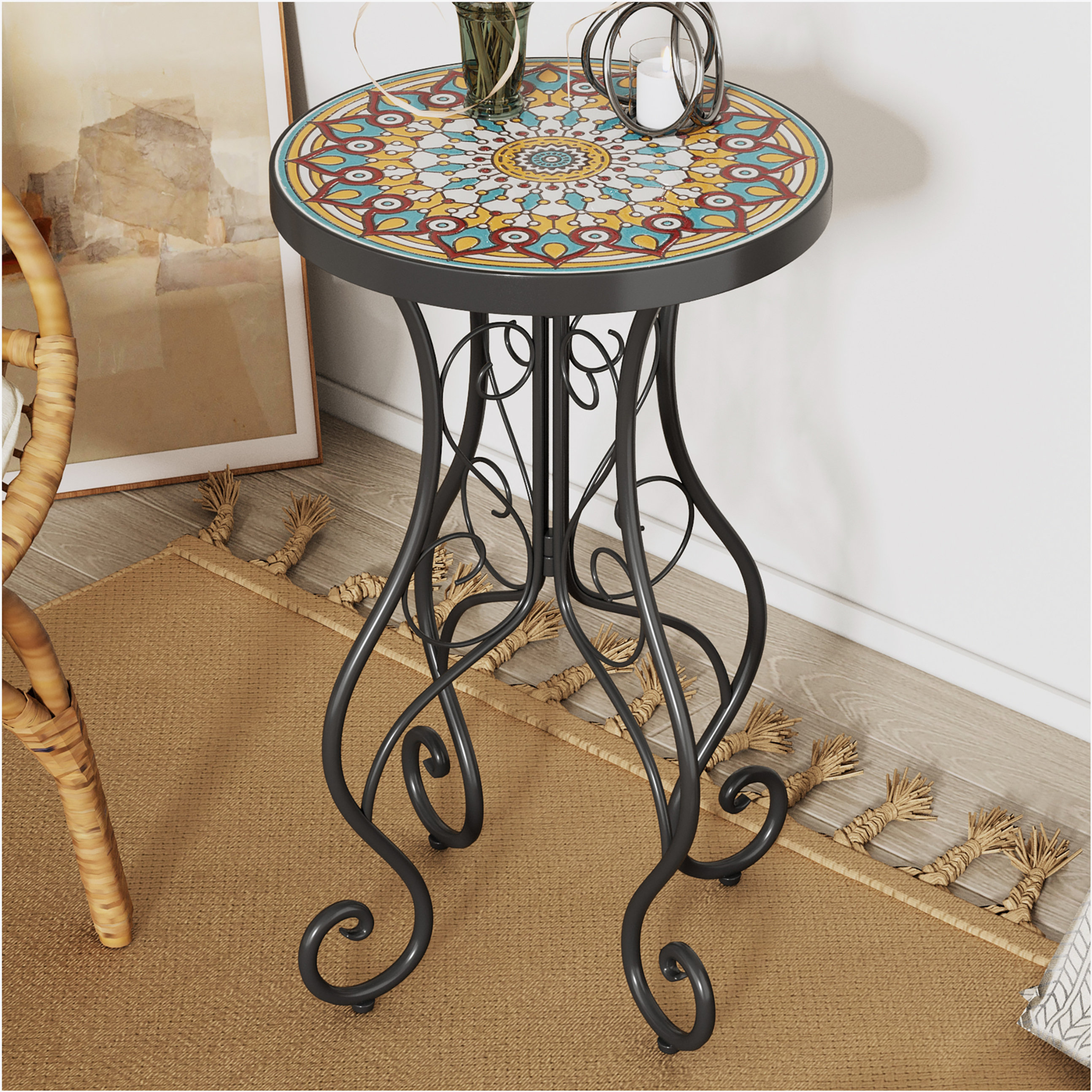 Dakota Fields Round Ceramic Outdoor Side Table,Colourful+Black ...