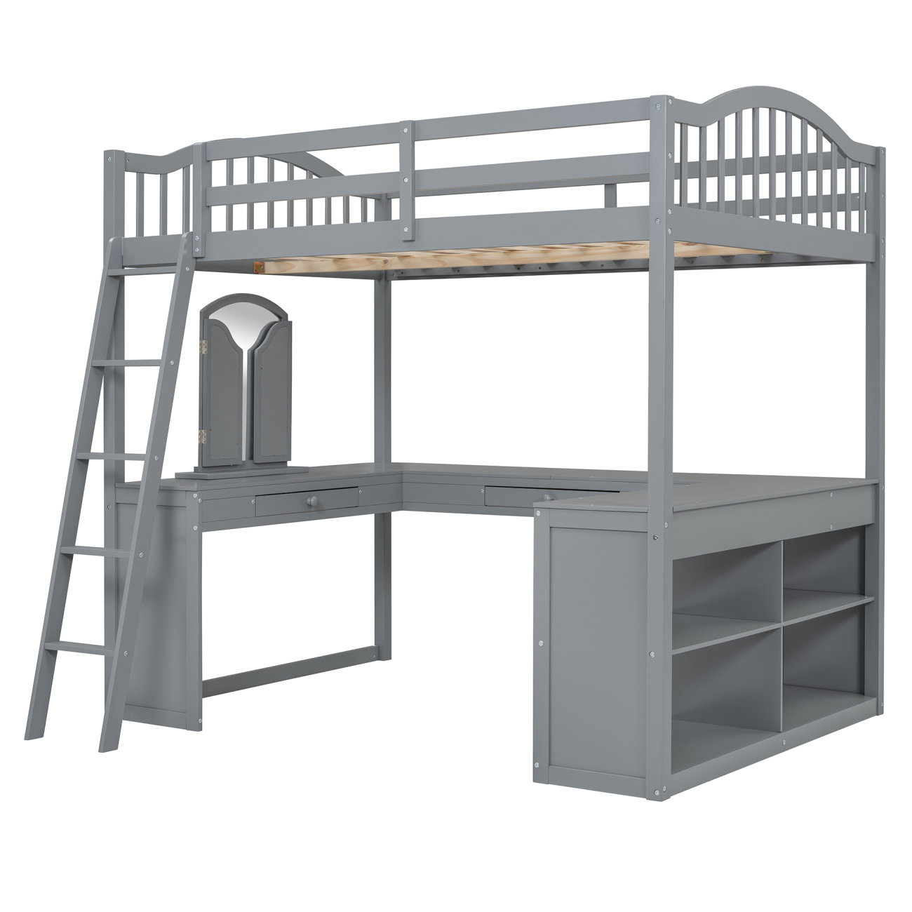 GZMWON Full Wooden Loft Bed With U-Shaped Desk,Storage Compartments And Tri-Fold Mirror ...