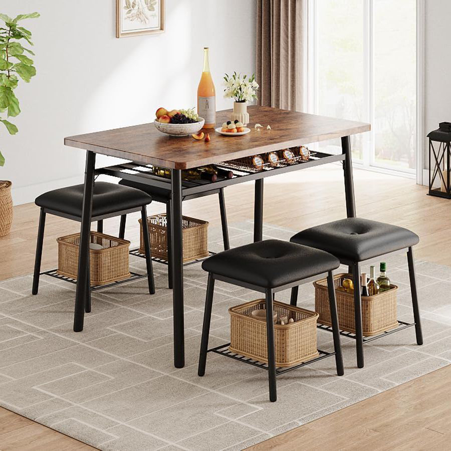 17 Stories Dinner Table Set with 4 Upholstered Square Stools and ...