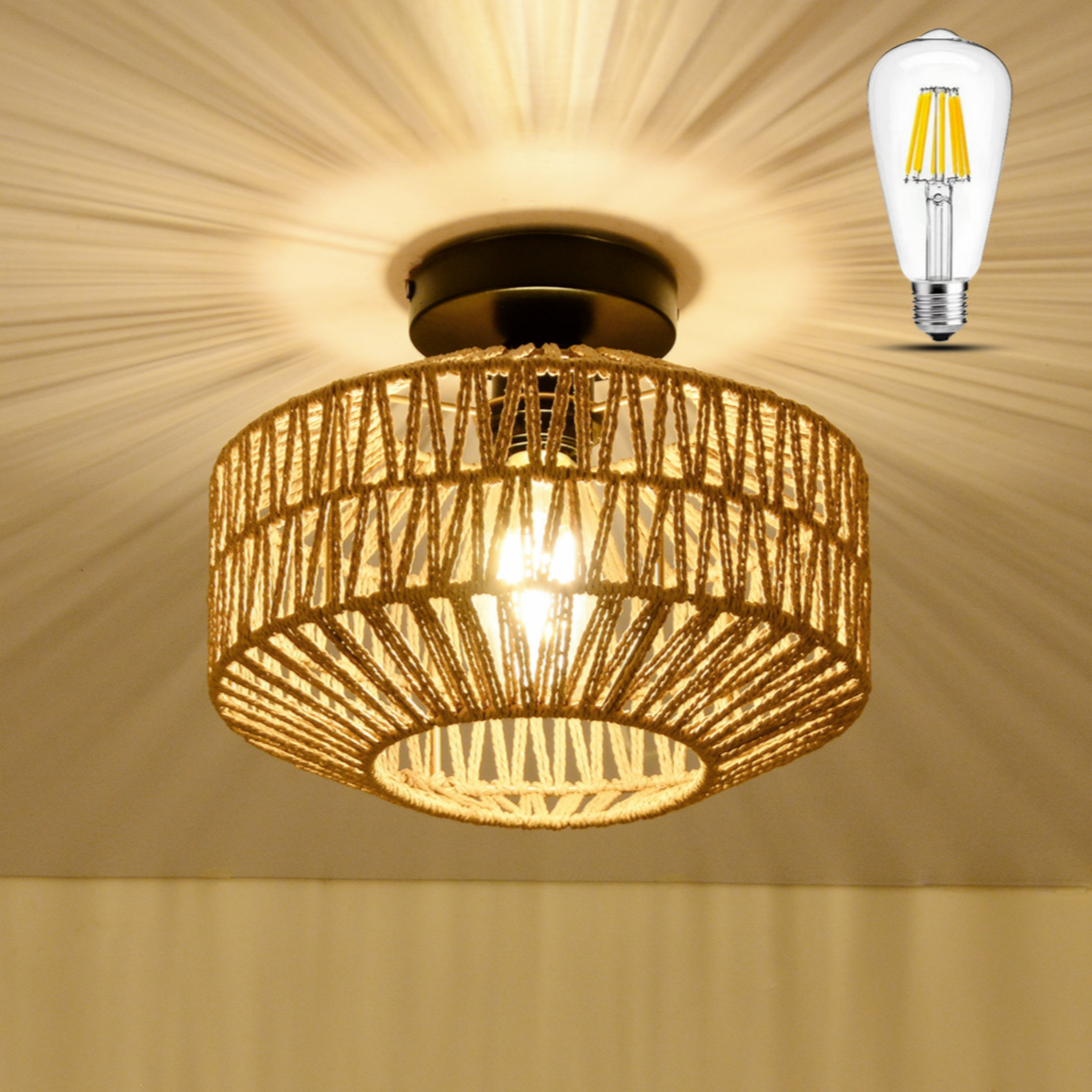 Breakwater Bay Mini Rattan Flush Mount Light With Dimmable LED Bulb ...