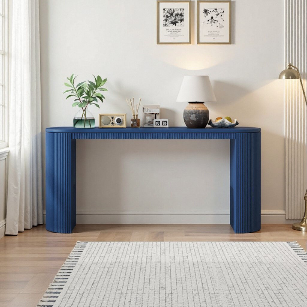 Orren Ellis Curved Navy Console Table with Vertical Striped Legs for ...