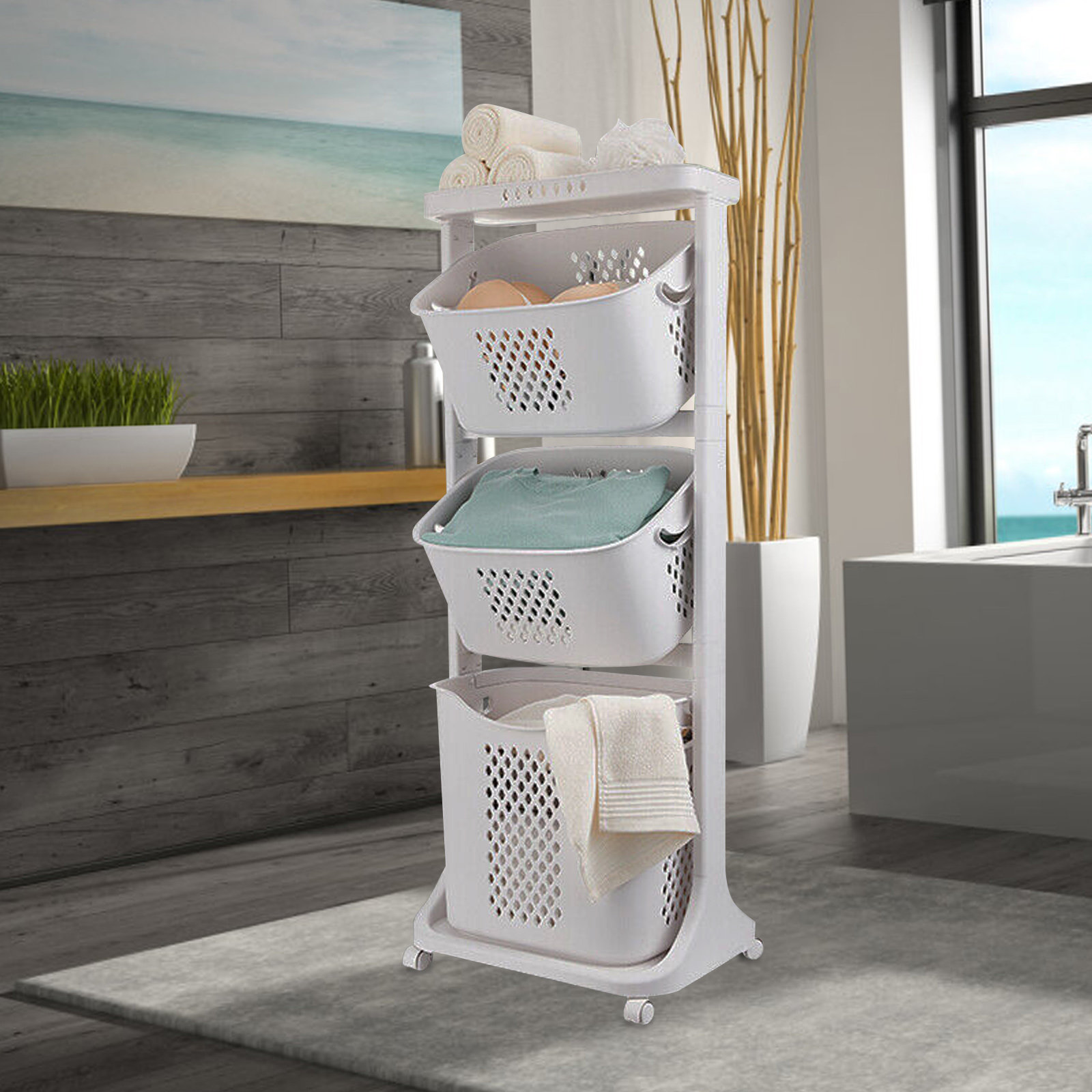 Ivy Bronx Rolling Laundry Hamper Cart with Wheels, 3 Tier Laundry ...