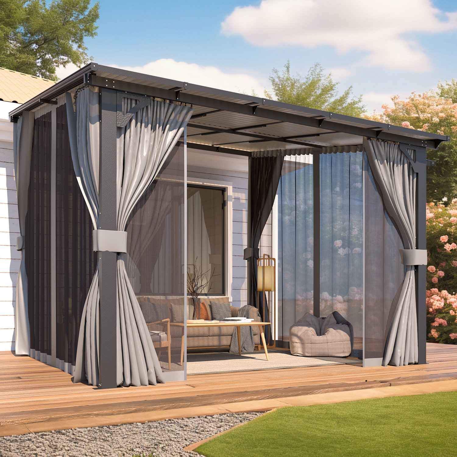 AECOJOY Wall-Mounted Lean To Pergola Gazebo With Curtains And Netting ...