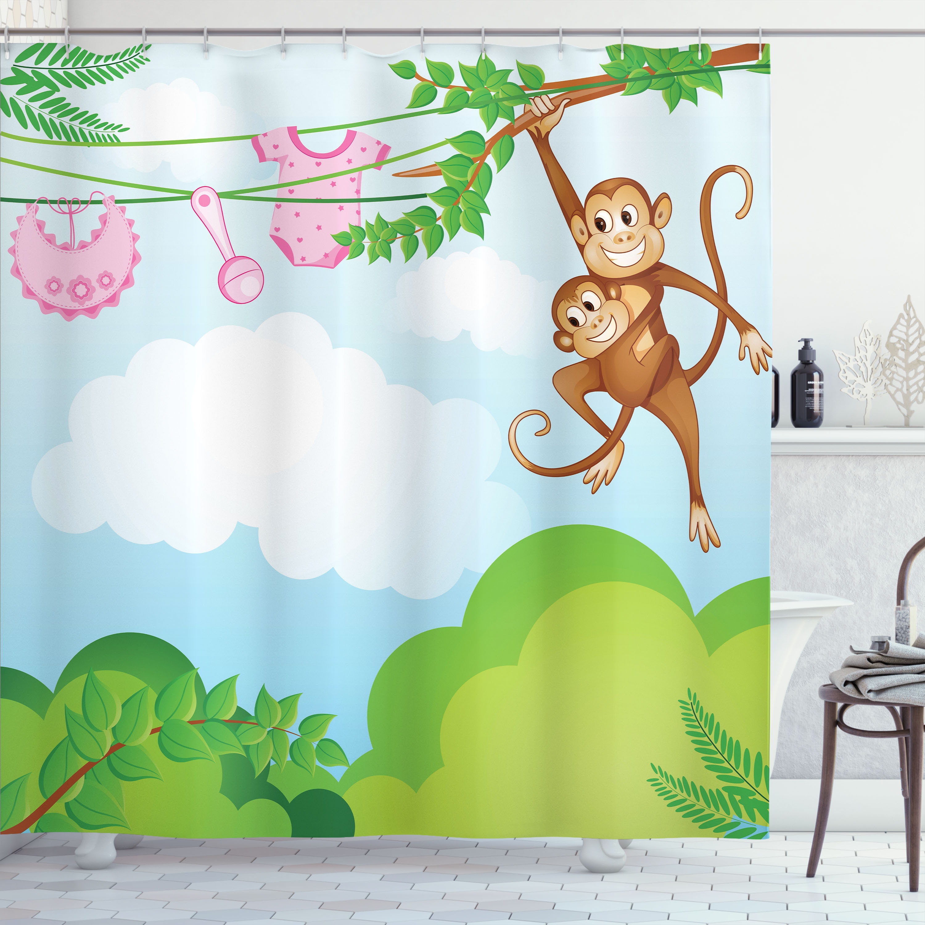 East Urban Home Cartoon Shower Curtain Monkey Swinging Green Brown Pink ...
