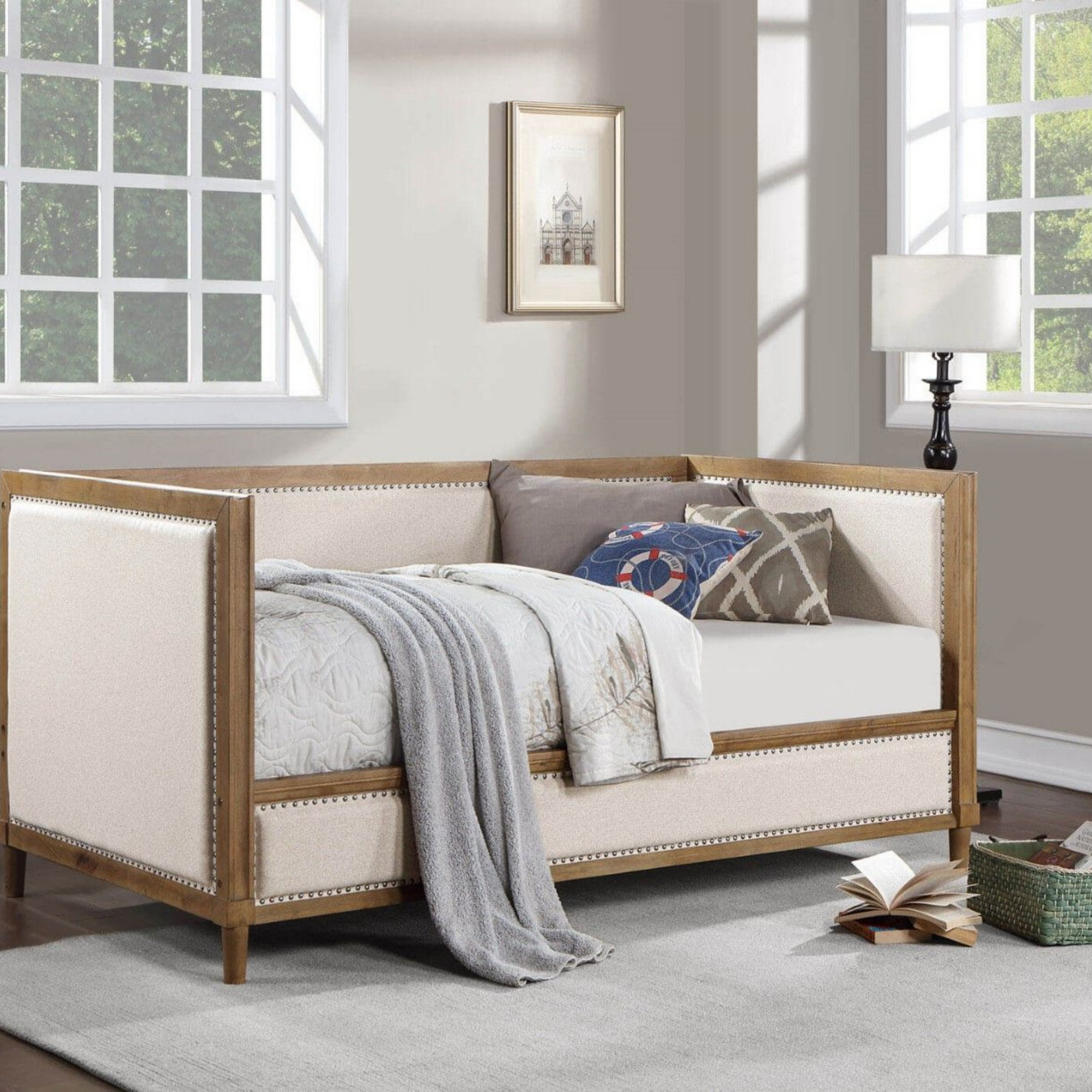 Lark Manor™ Fabric Upholstered 1Pc Day Bed Light Oak Bed Frame Nailhead ...