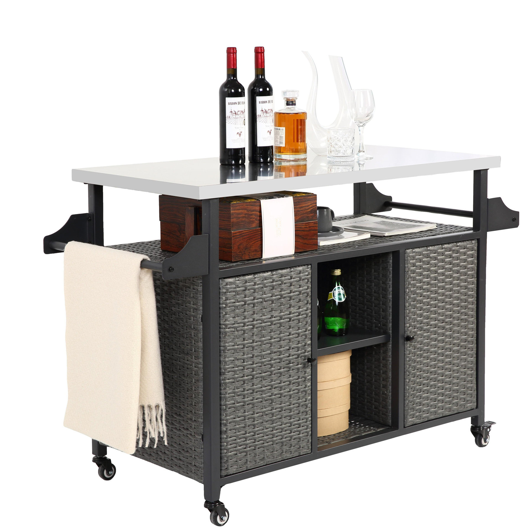 Dovecove Outdoor Kitchen Wicker Island Rolling Cart & Storage Cabinet ...