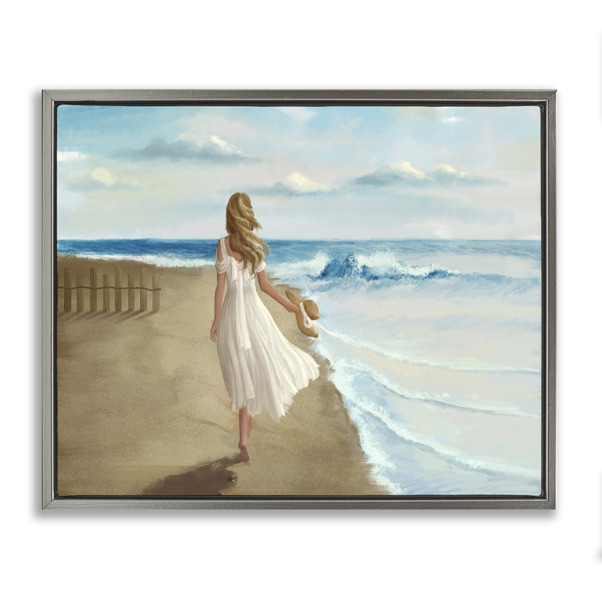 Beachcrest Home™ Walk On The Beach Painting Brown Grain Framed Floater ...