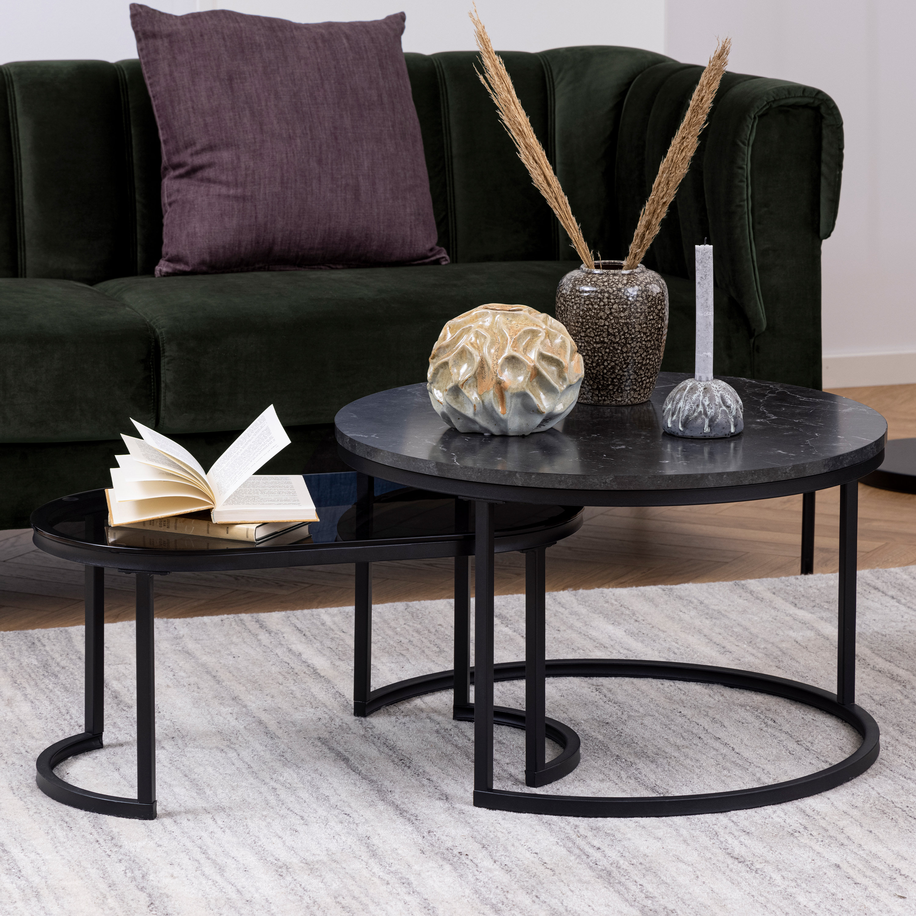 Round Oval Coffee Table Set with Black Marble Smoked Melamine Glass Top