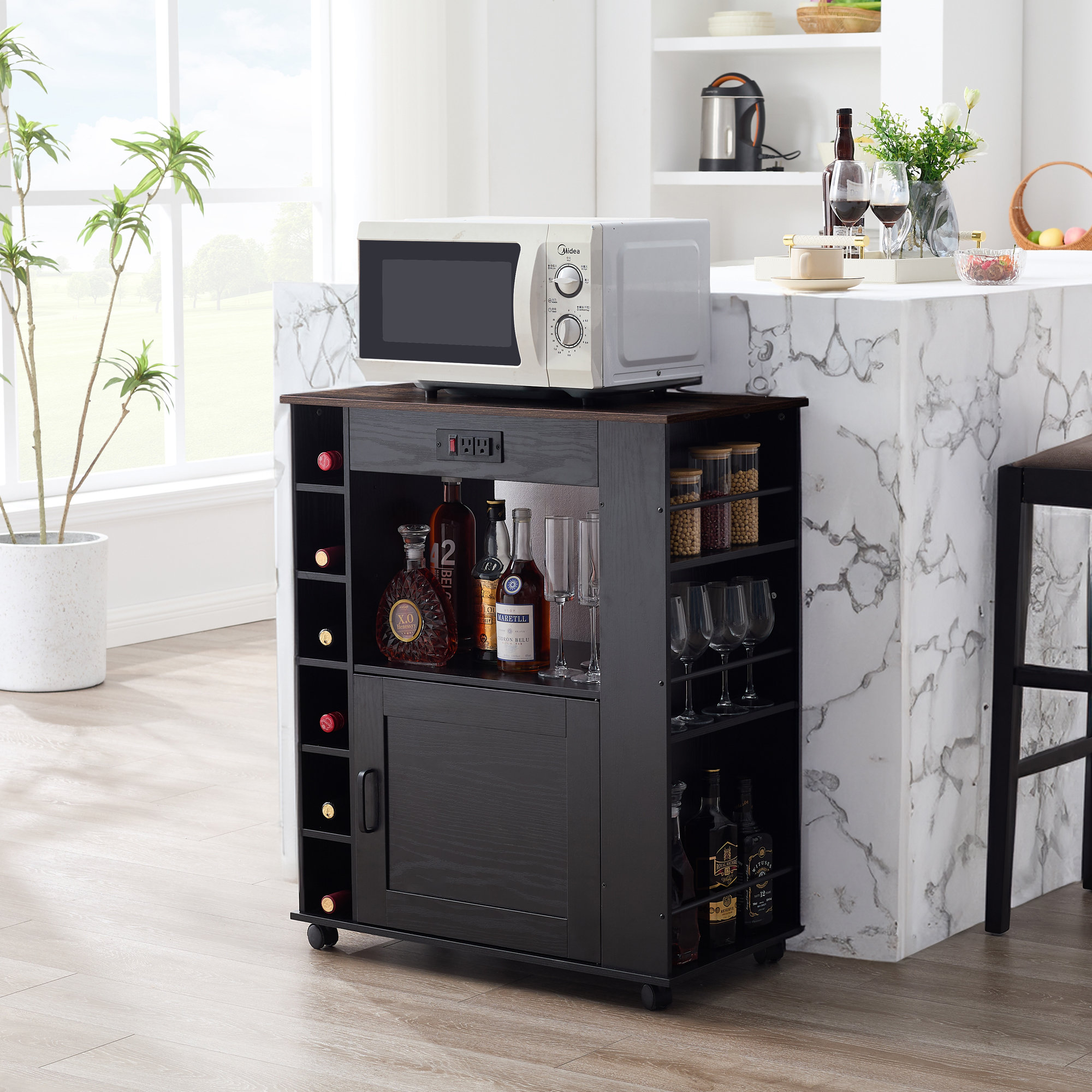 Ebern Designs Nazaro Utility Cart with Wheels and Built-In Outlets ...