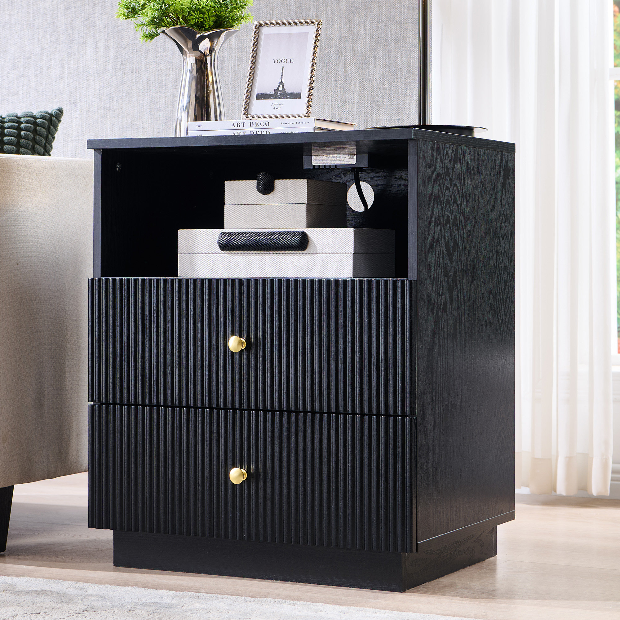 Ebern Designs Fluted End Table with Charging Station, 21.65" Wide Side ...