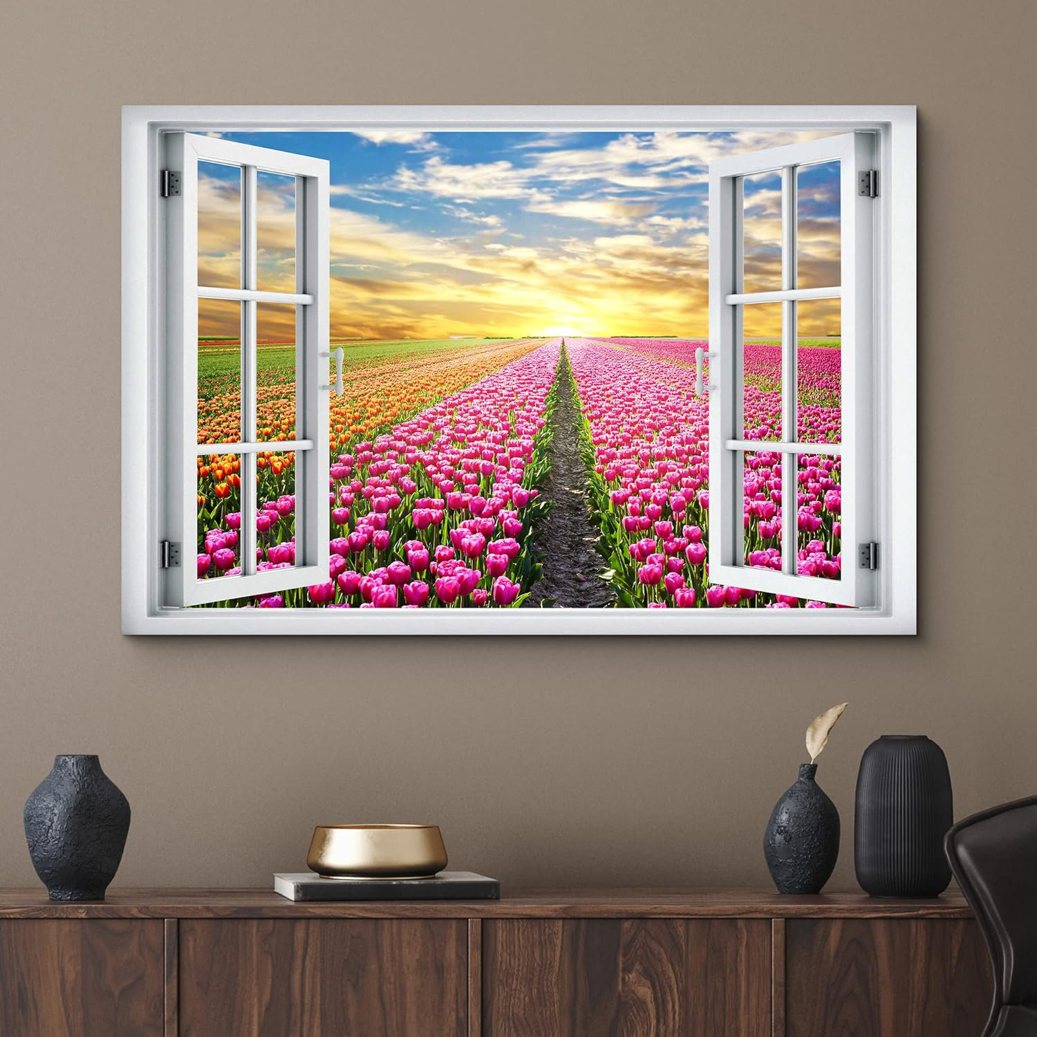 IDEA4WALL Window Scenery " Window View Sunset Pink Orange Tulip Flower ...