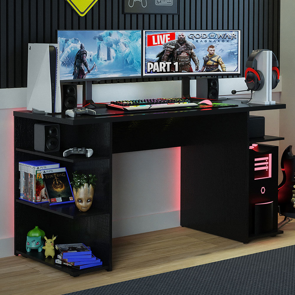 Latitude Run® Gaming Computer Desk, 5 Shelves, Cable Management Monitor ...