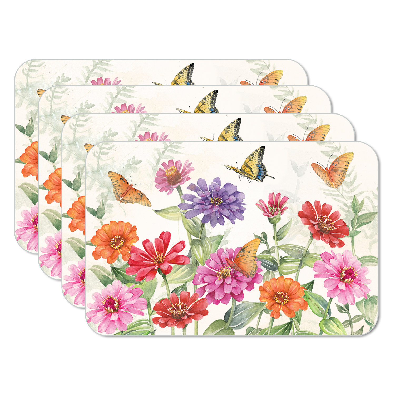 CounterArt Zinnias & Butterflies 4 Piece Reversible Flexible Plastic ...