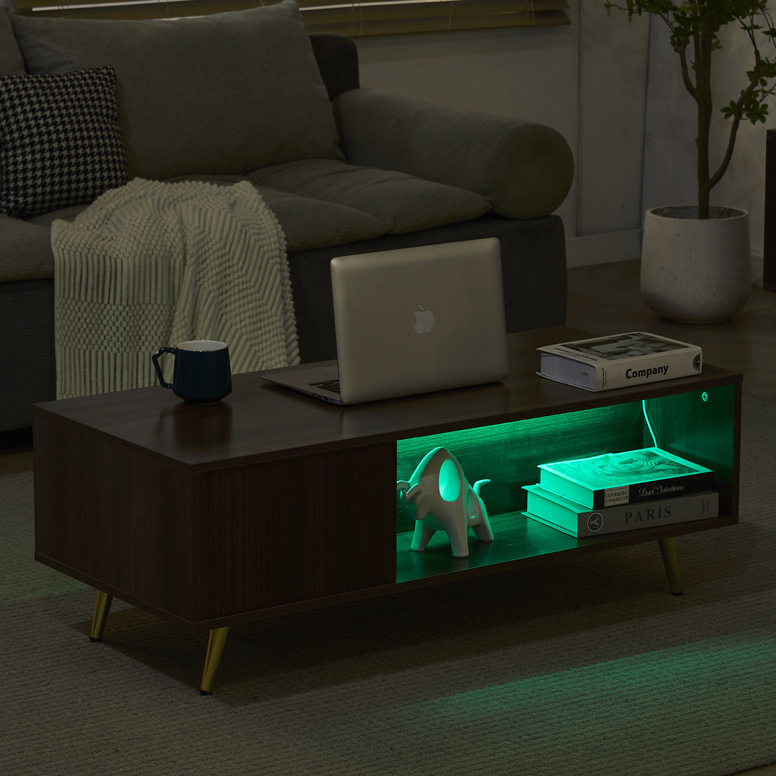 Mercer41 16 Colors Led Rectangle High Gloss Coffee Table With Metal ...